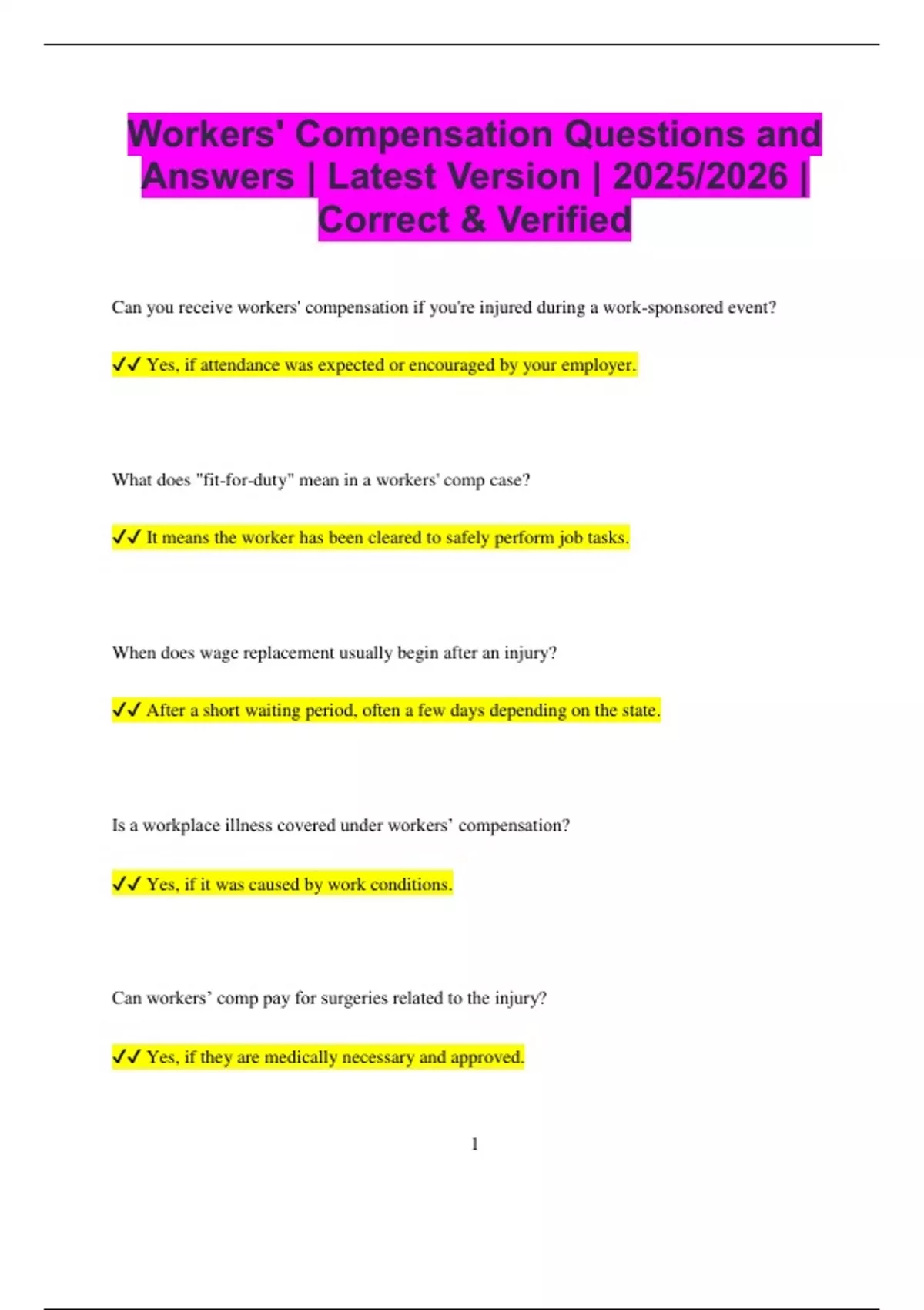 Workers' Compensation Questions and Answers | Latest Version | 2025/ ...