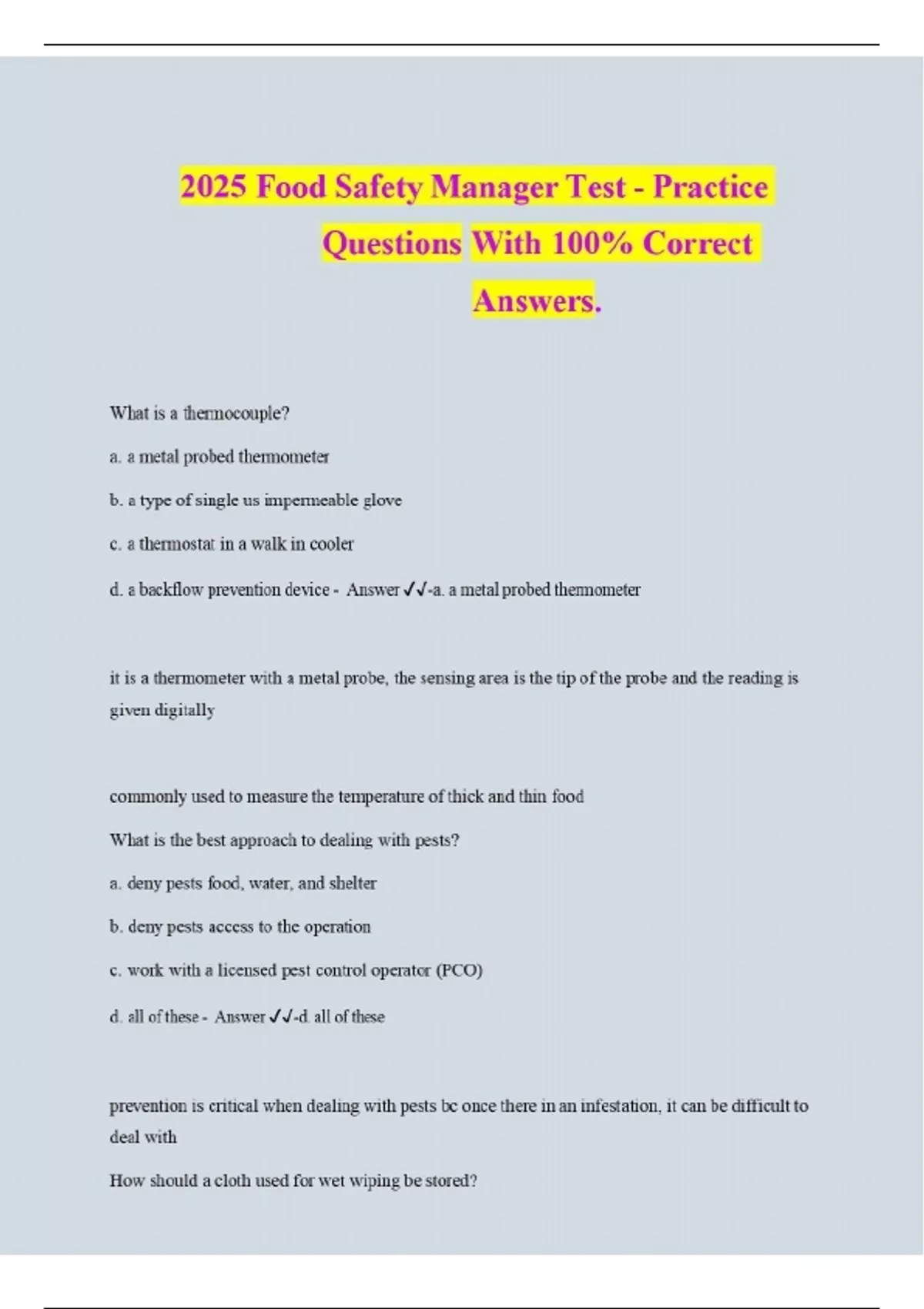 2025 Food Safety Manager Test - Practice Questions With 100% Correct ...