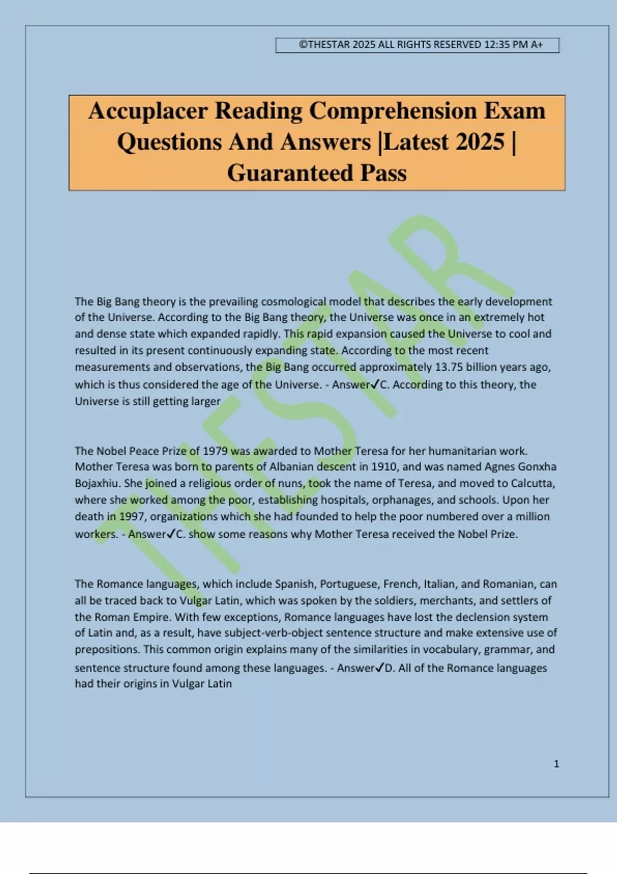 Accuplacer Reading Comprehension Exam Questions And Answers |Latest ...