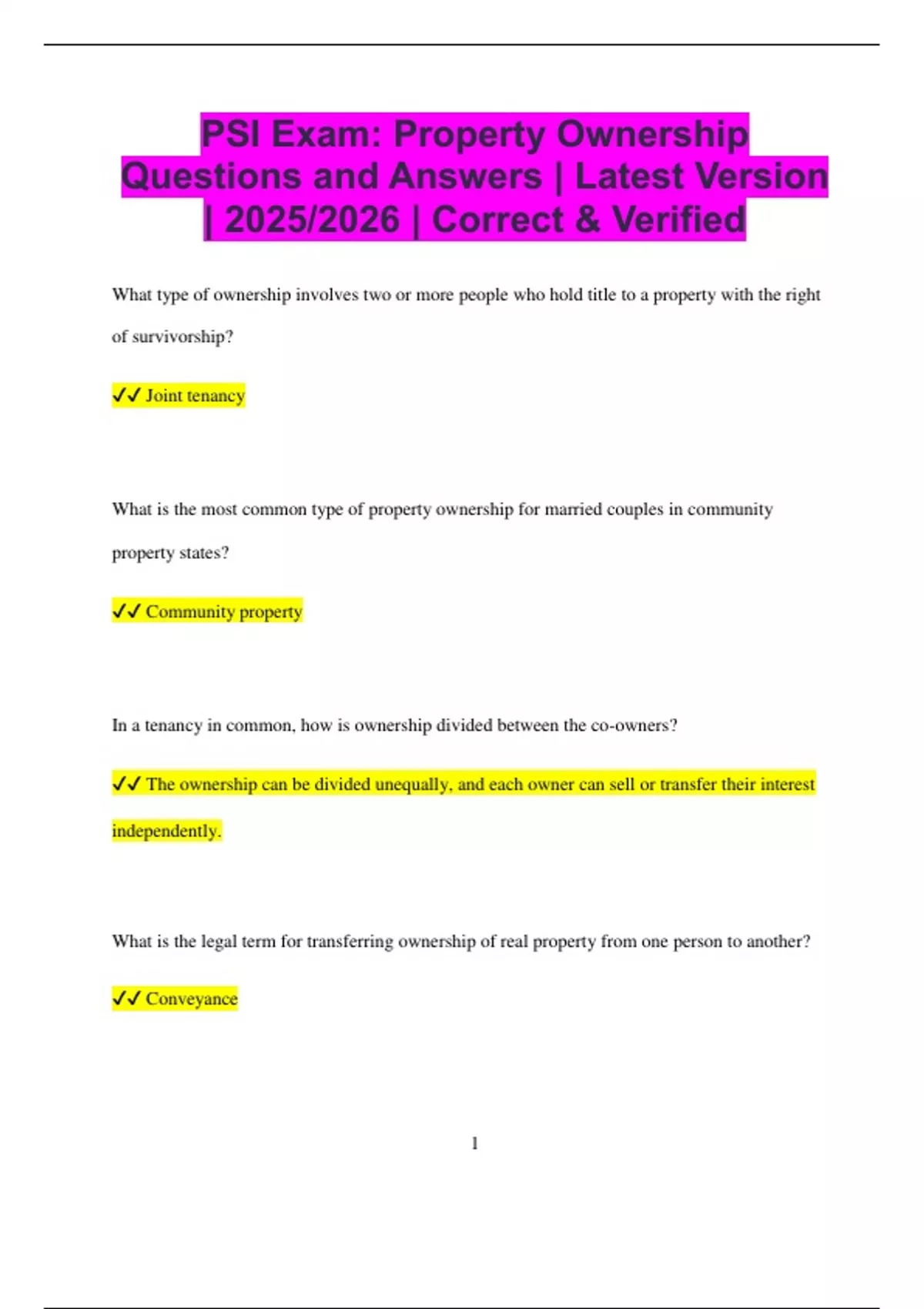 PSI Exam: Property Ownership Questions and Answers | Latest Version ...