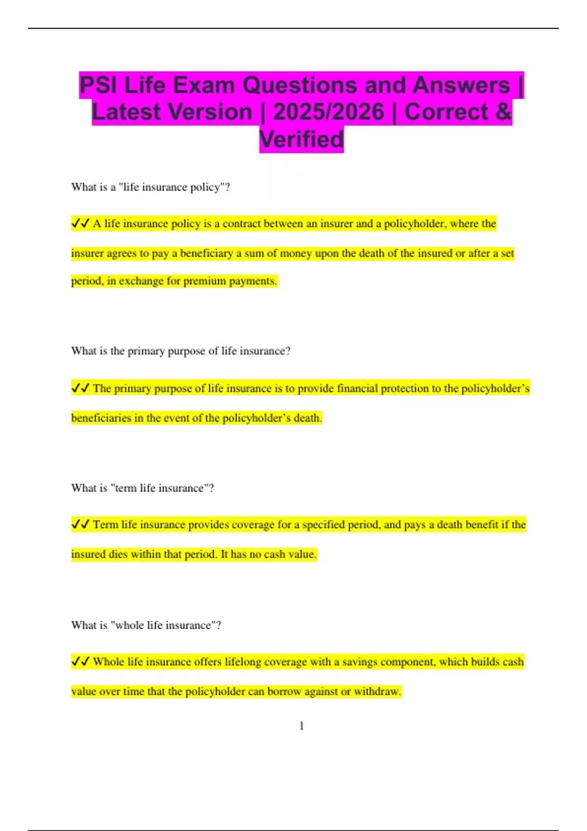 PSI Life Exam Questions and Answers | Latest Version | 2025/2026 ...