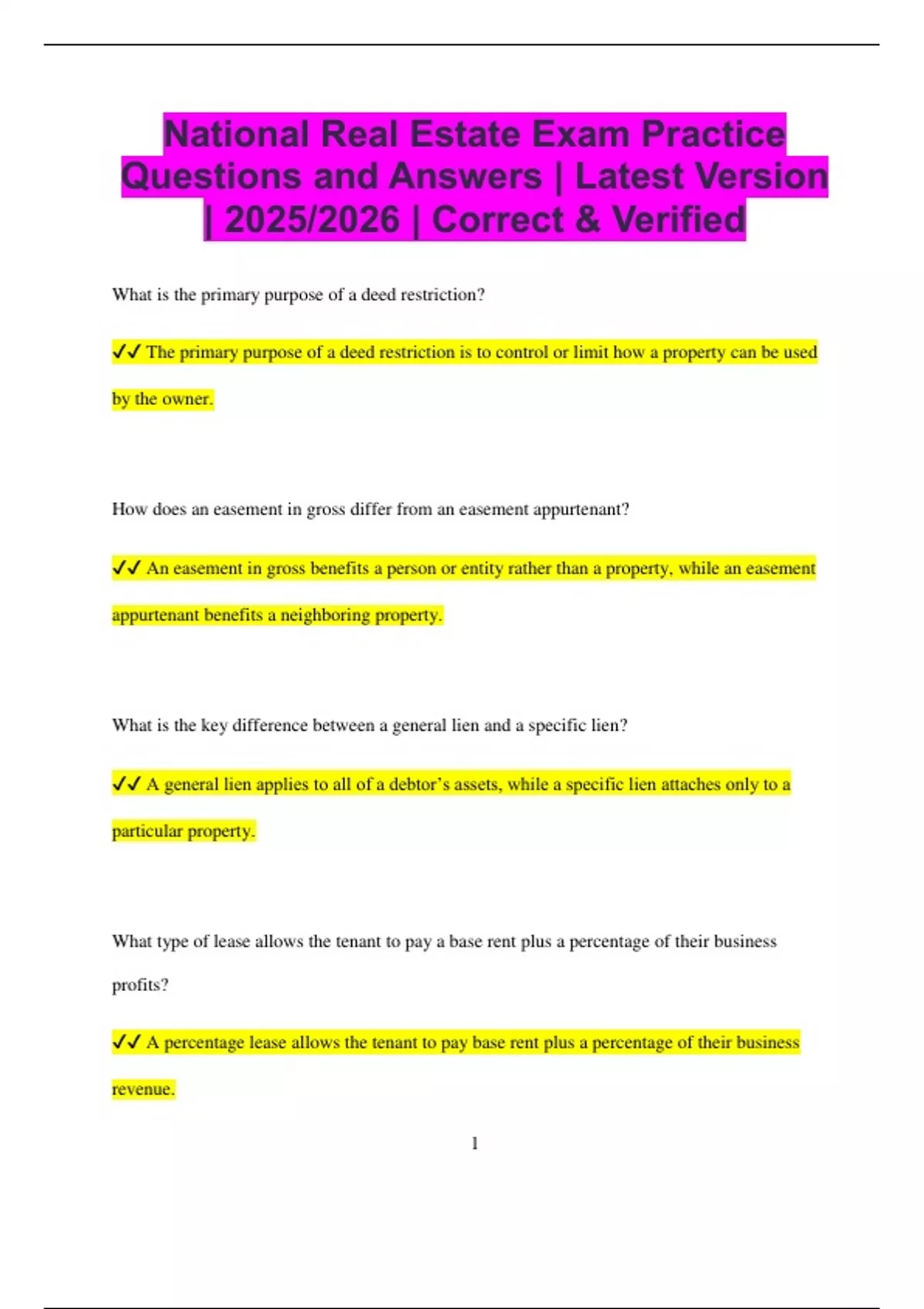 National Real Estate Exam Practice Questions and Answers | Latest ...