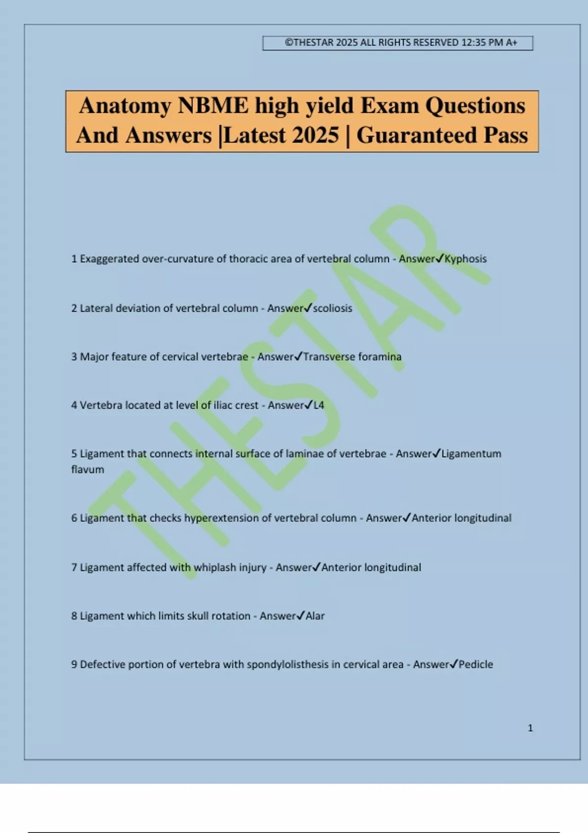 Anatomy NBME high yield Exam Questions And Answers |Latest 2025 ...