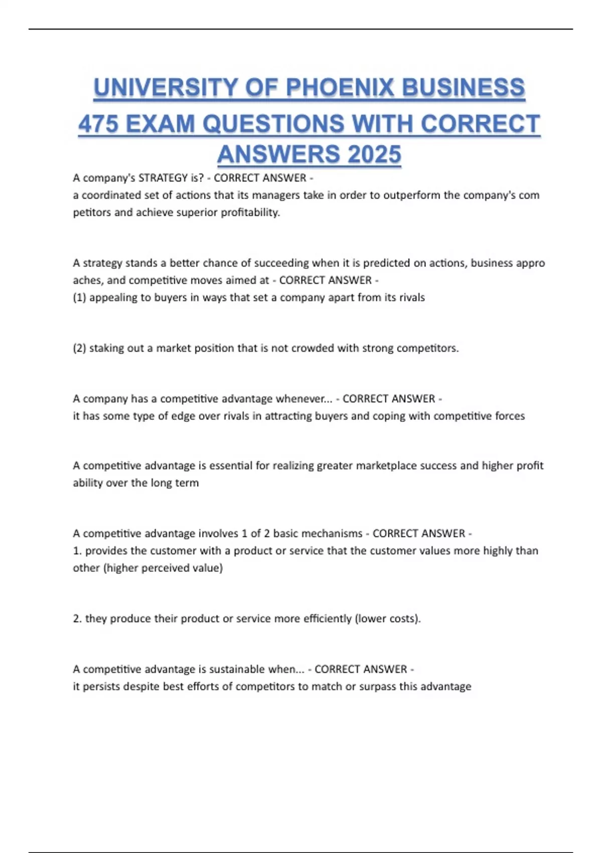 UNIVERSITY OF PHOENIX BUSINESS 475 EXAM QUESTIONS WITH CORRECT ANSWERS ...