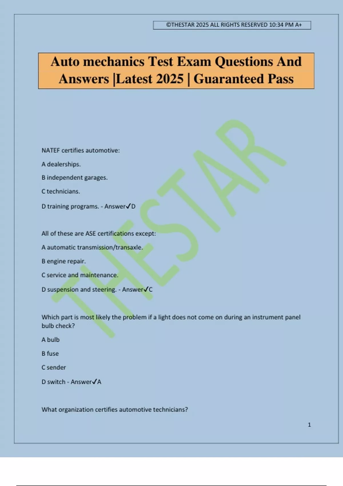 Auto mechanics Test Exam Questions And Answers |Latest 2025 ...