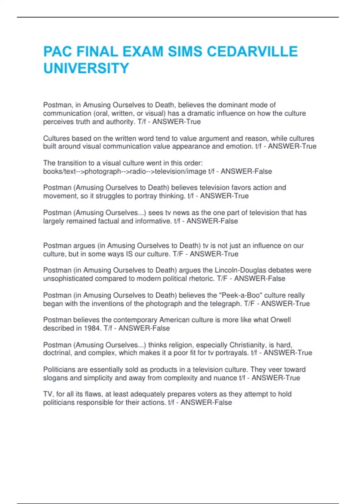 PAC FINAL EXAM SIMS CEDARVILLE UNIVERSITY 2025 QUESTIONS WITH CORRECT ...