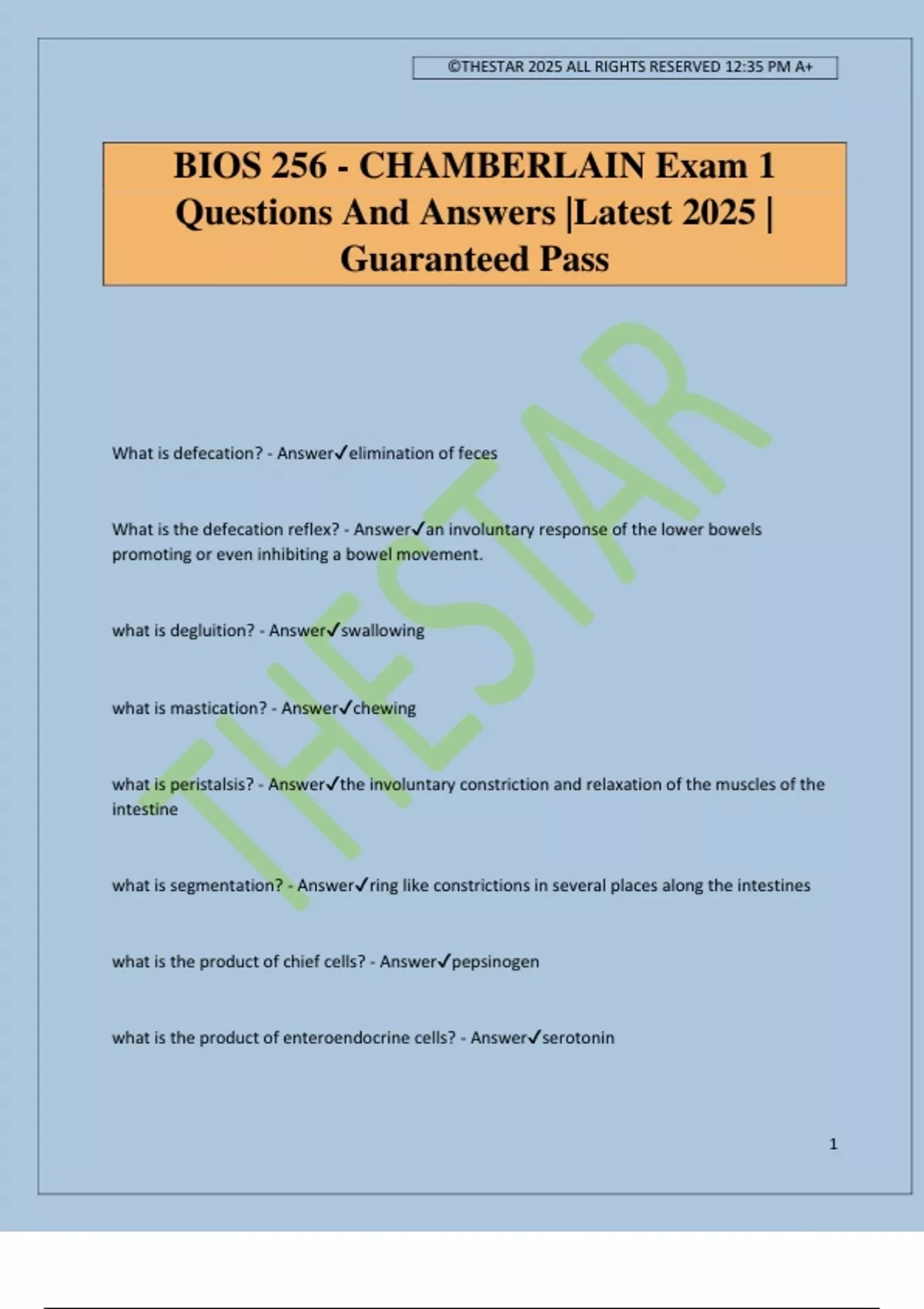 BIOS 256 - CHAMBERLAIN Exam 1 Questions And Answers |Latest 2025 ...