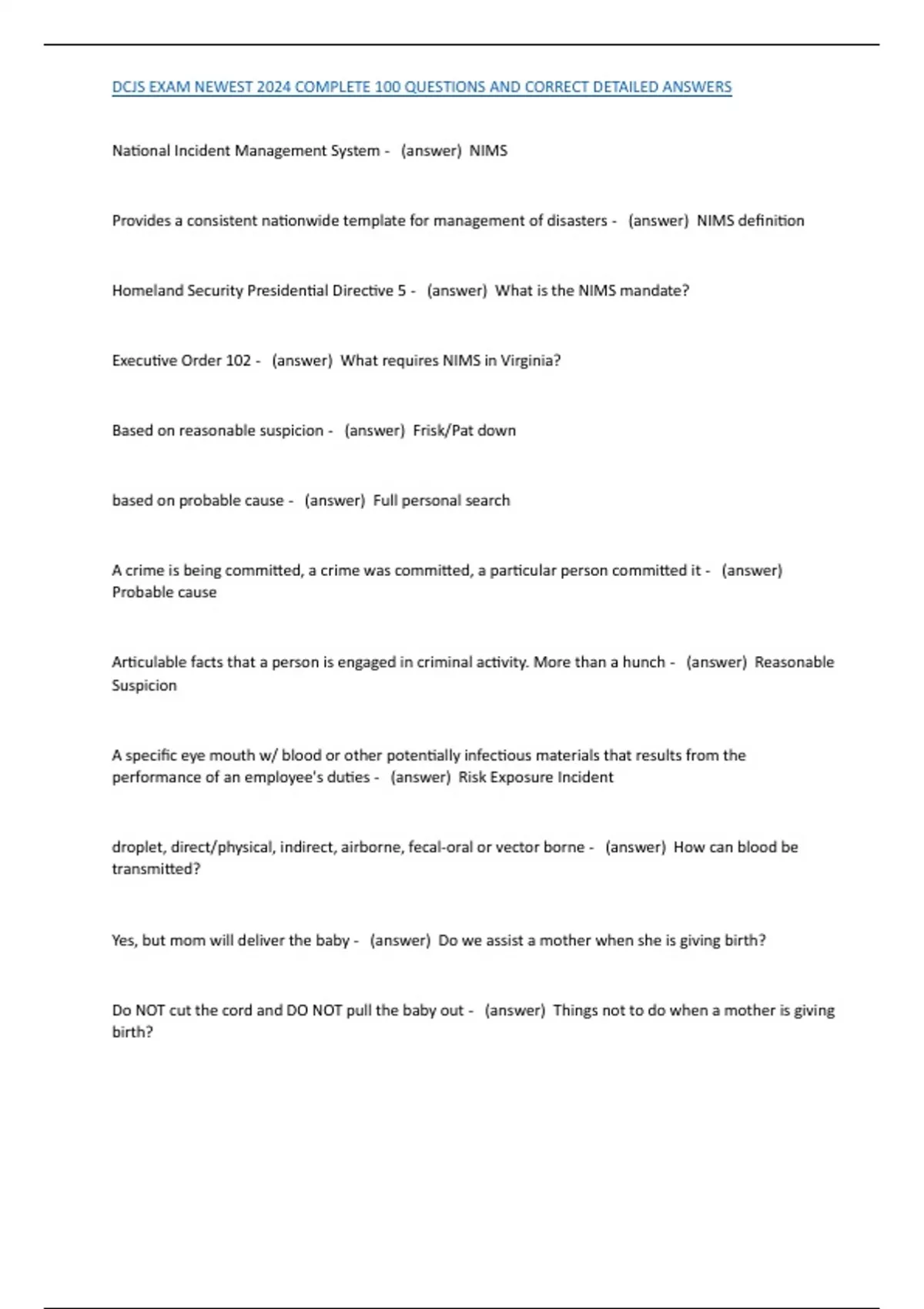 DCJS EXAM NEWEST 2024 COMPLETE 100 QUESTIONS AND CORRECT DETAILED ...