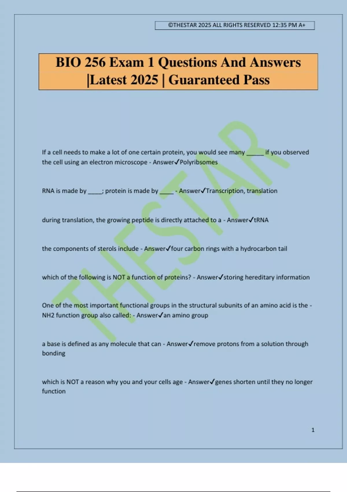 BIO 256 Exam 1 Questions And Answers |Latest 2025 | Guaranteed Pass ...