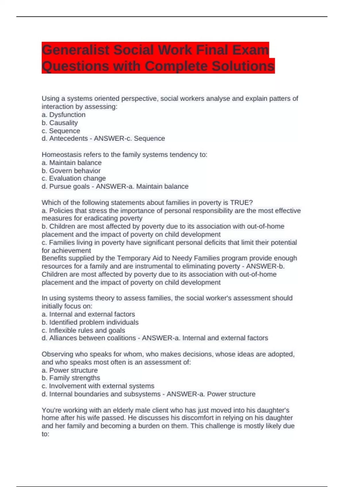 Generalist Social Work Final Exam Questions with Complete Solutions ...
