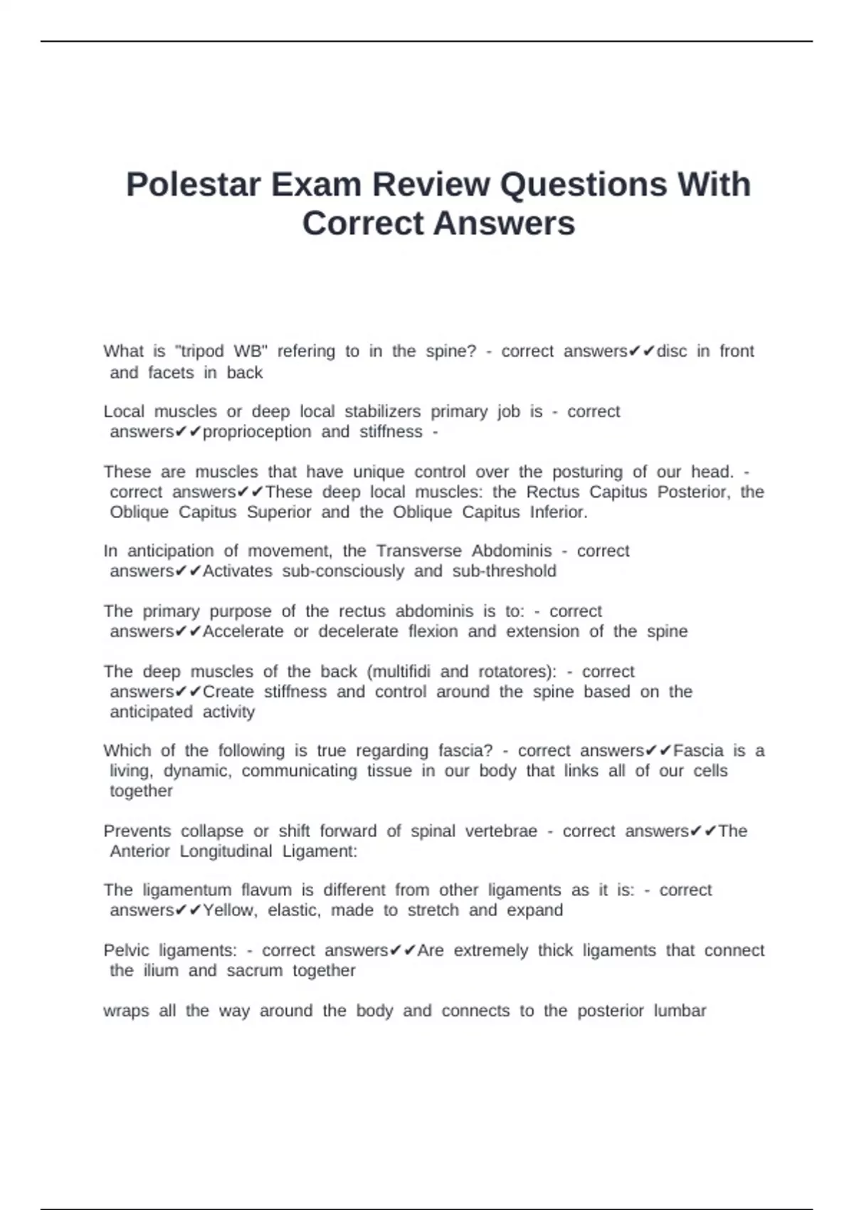 Polestar Exam Review Questions With Correct Answers - Pilates - Stuvia US