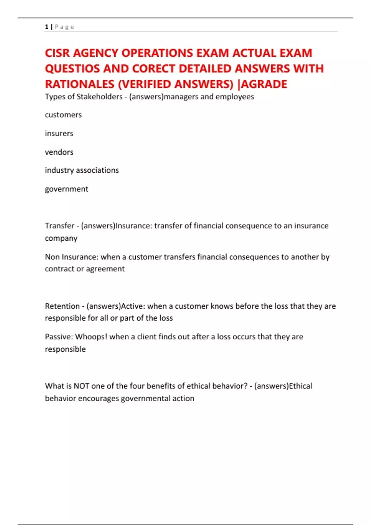 Package Deal For CISR Agency Operations Exam Questions with Correct ...