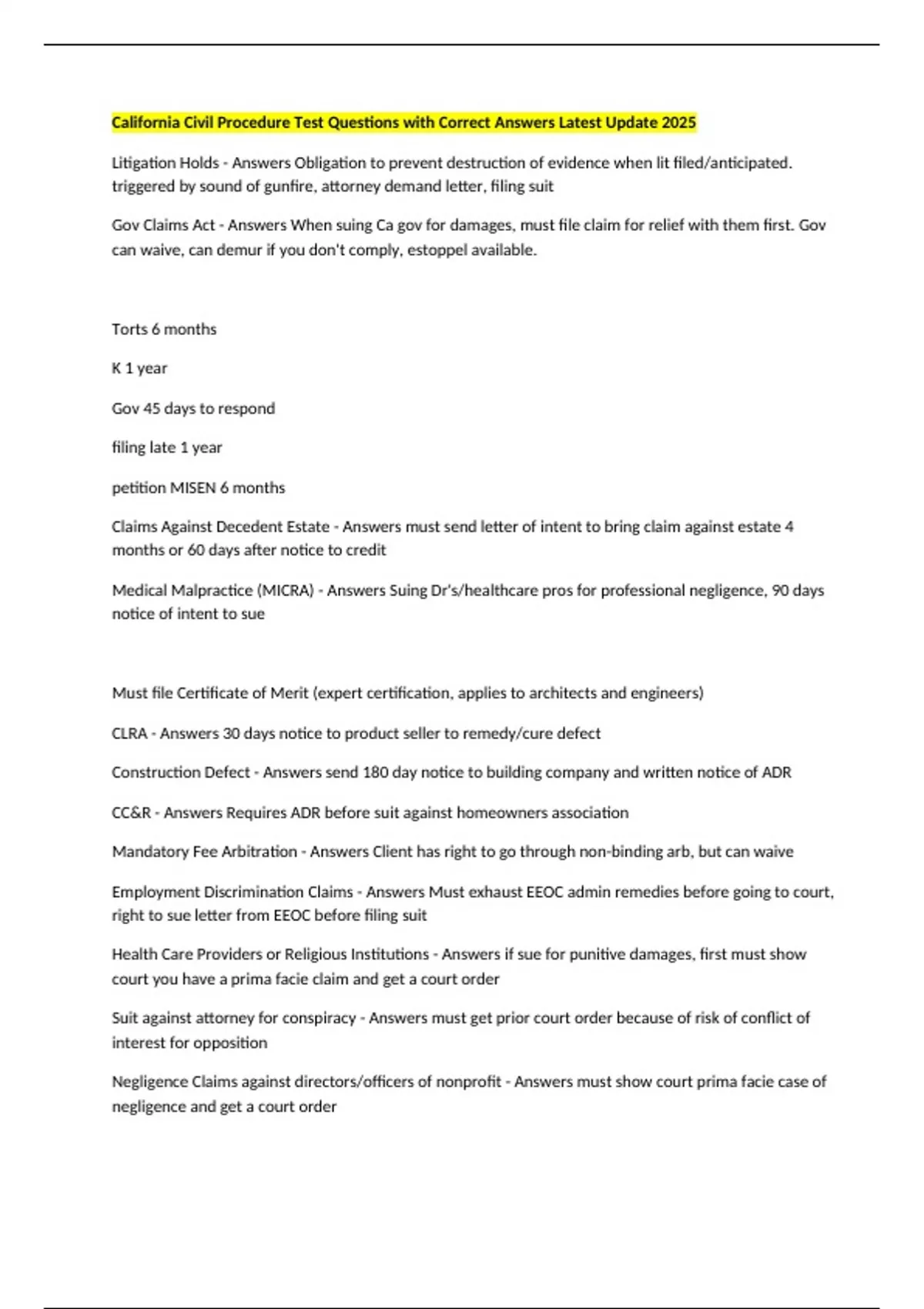 California Civil Procedure Test Questions with Correct Answers Latest ...