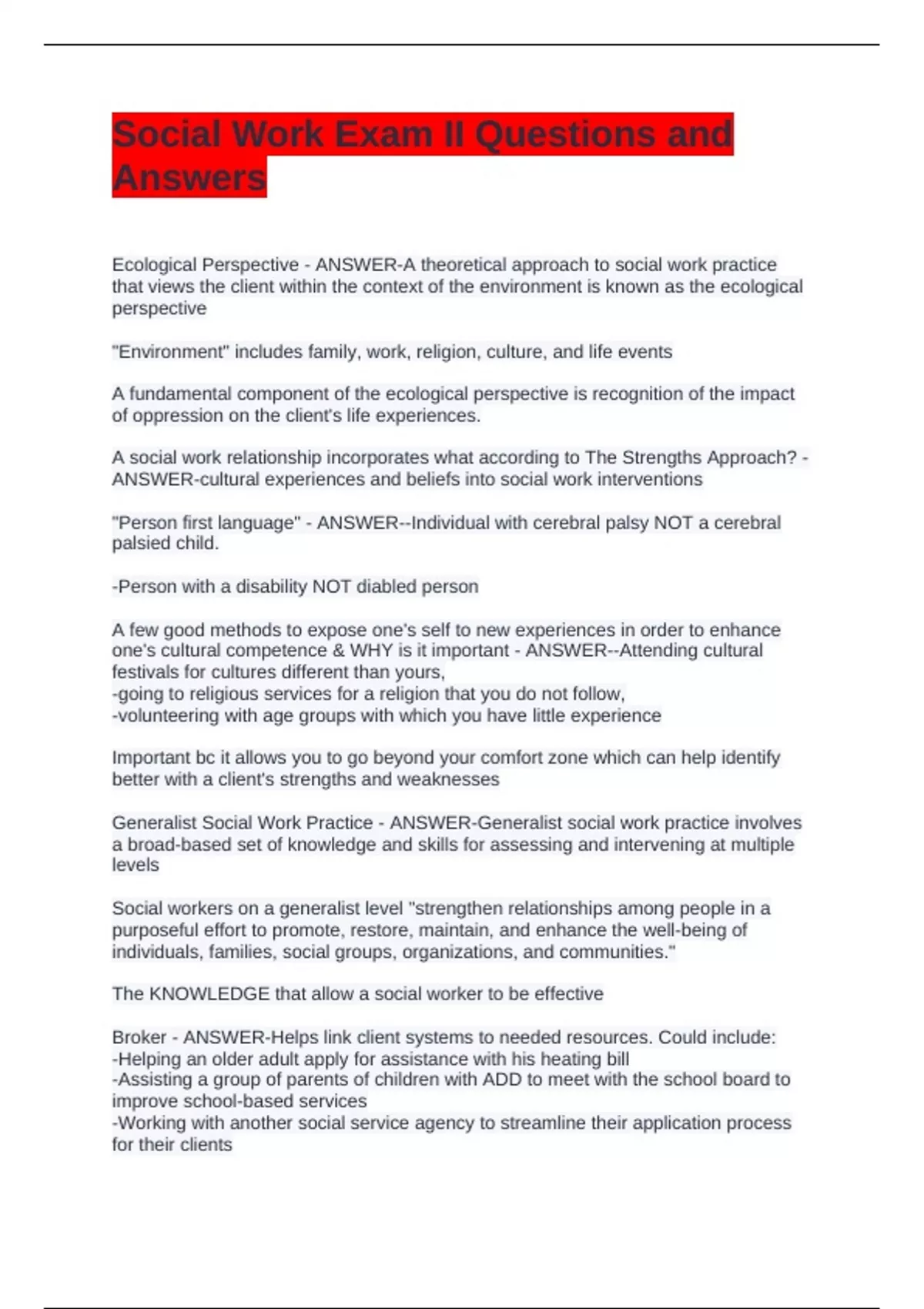 Social Work Exam II Questions and Answers - Social Work - Stuvia US