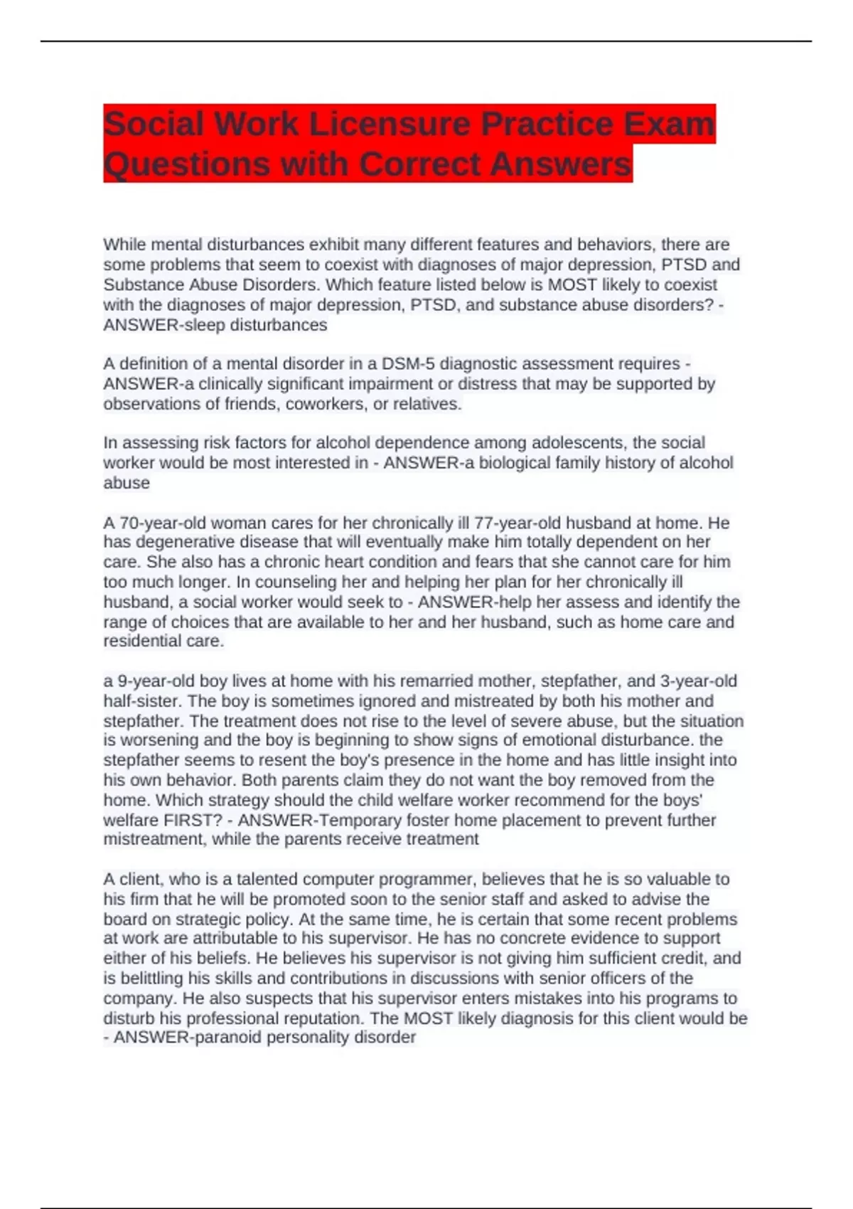 Social Work Licensure Practice Exam Questions with Correct Answers ...