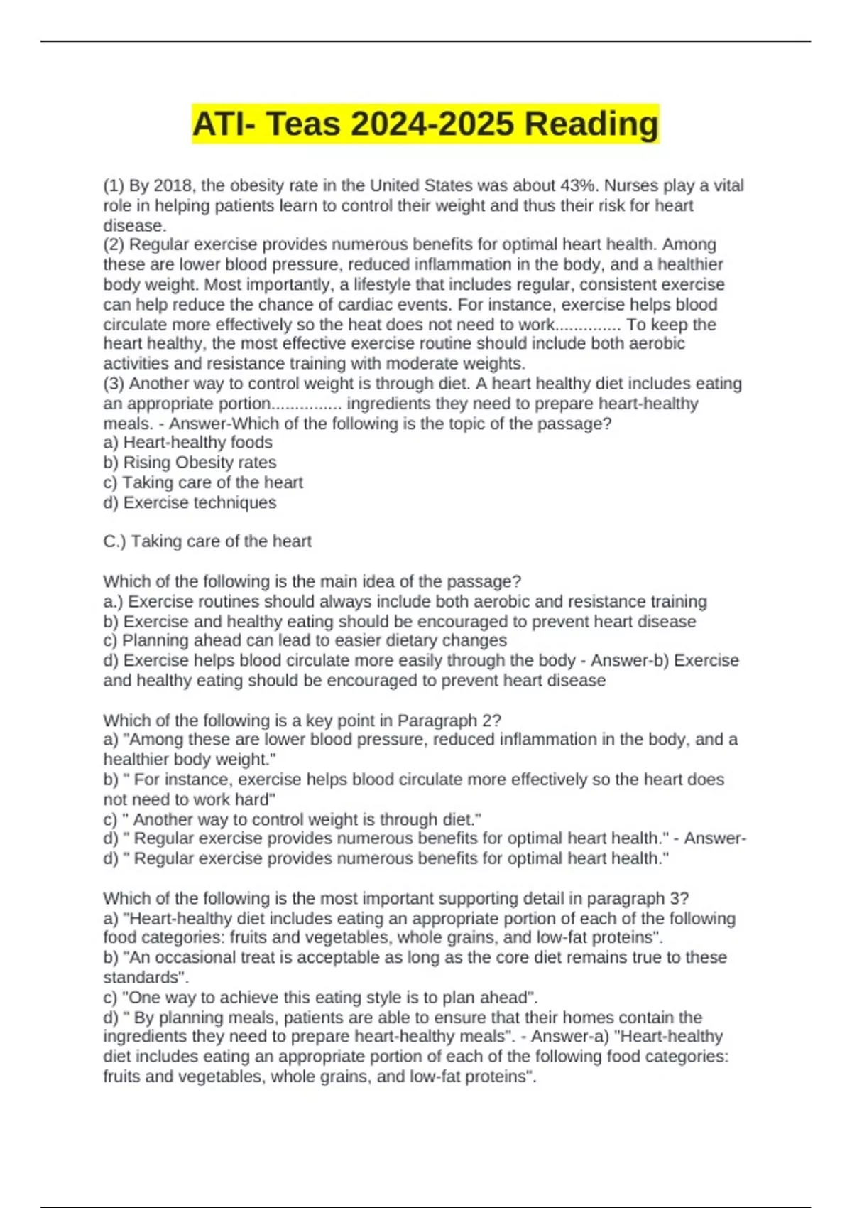 ATI- Teas Reading Exam Questions and Answers - ATI- Teas 2024-2025 ...