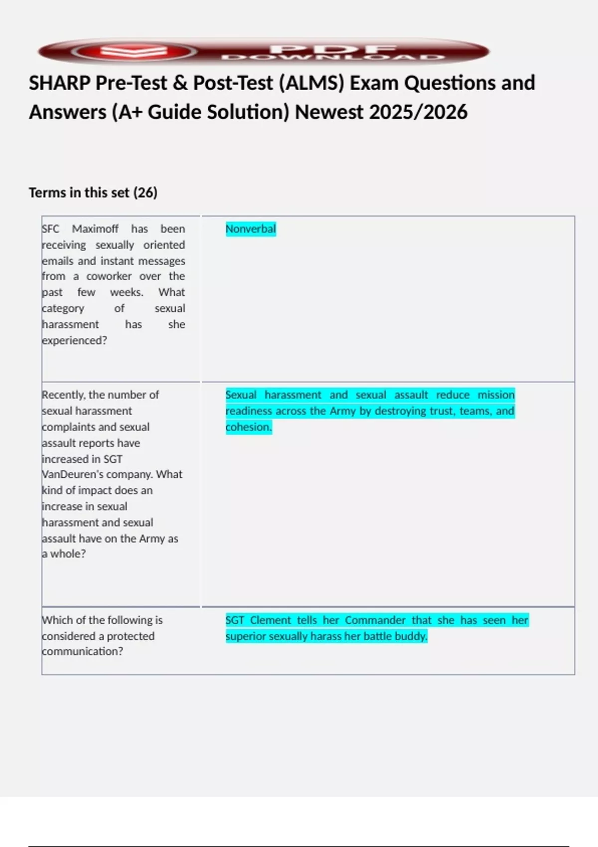 SHARP Pre-Test & Post-Test (ALMS) Exam Questions and Answers (A+ Guide ...