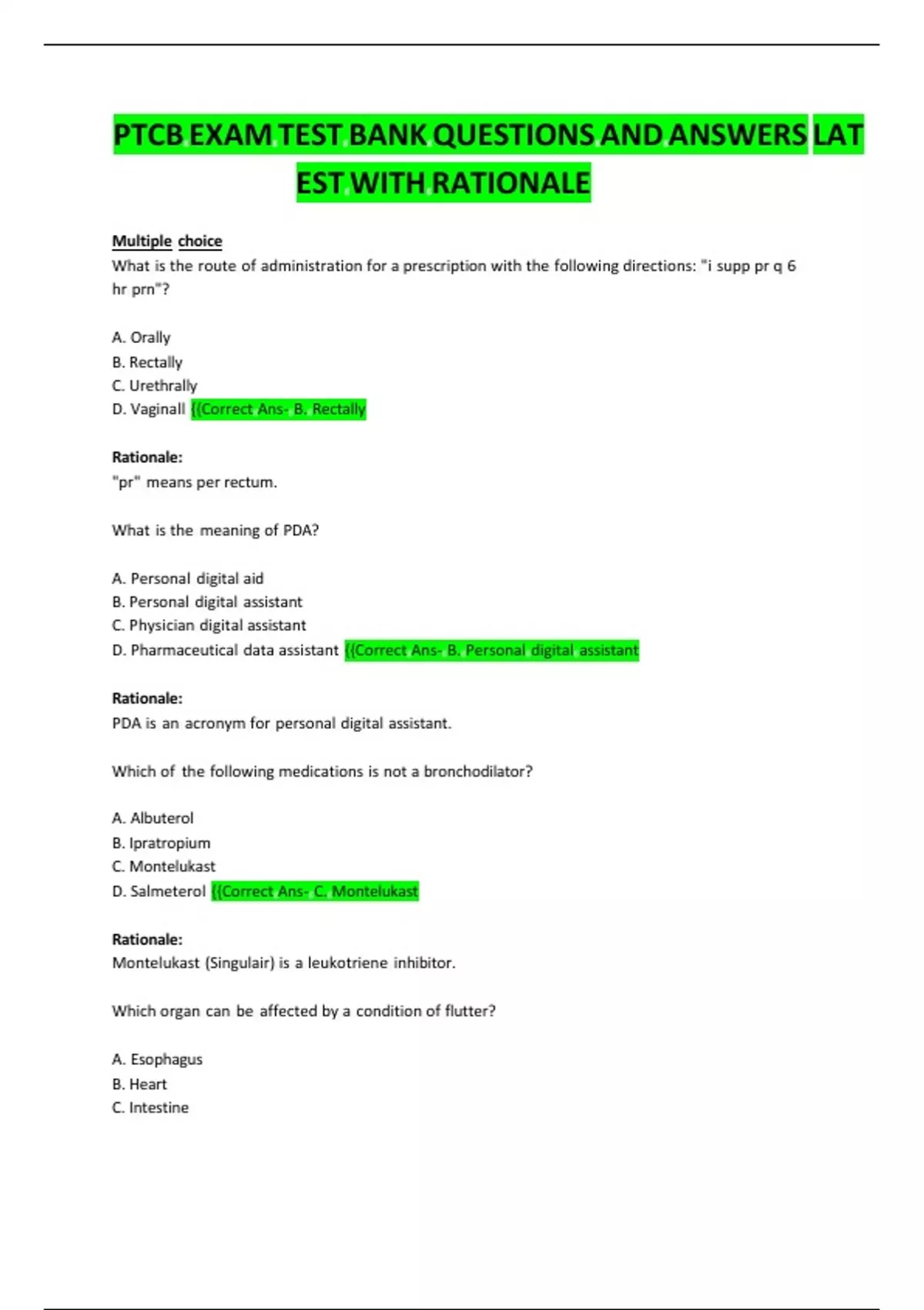 PTCB EXAM ACTUAL EXAM TEST BANK WITH 500+ REAL EXAM QUESTIONS AND ...