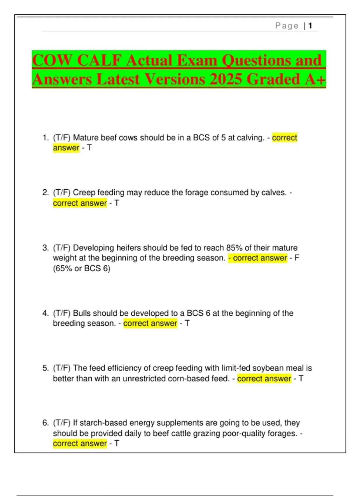 COW CALF Actual Exam Questions and Answers Latest Versions 2025 Graded ...