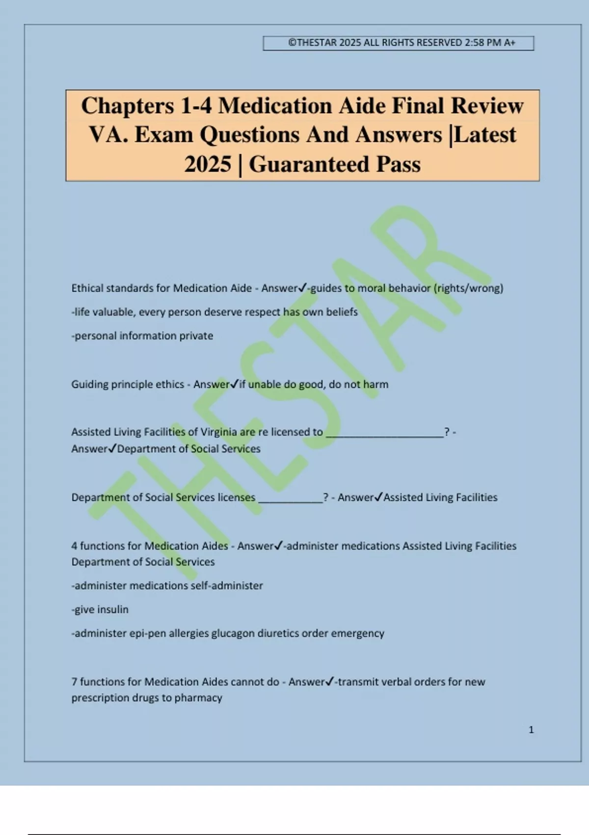 Chapters 1-4 Medication Aide Final Review VA. Exam Questions And ...
