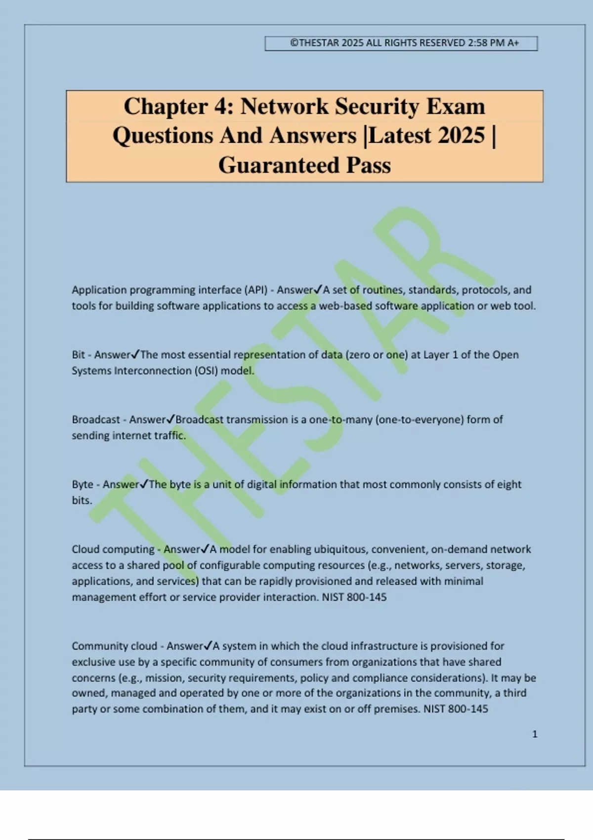 Chapter 4 Network Security Exam Questions And Answers Latest 2025 Guaranteed Pass Network