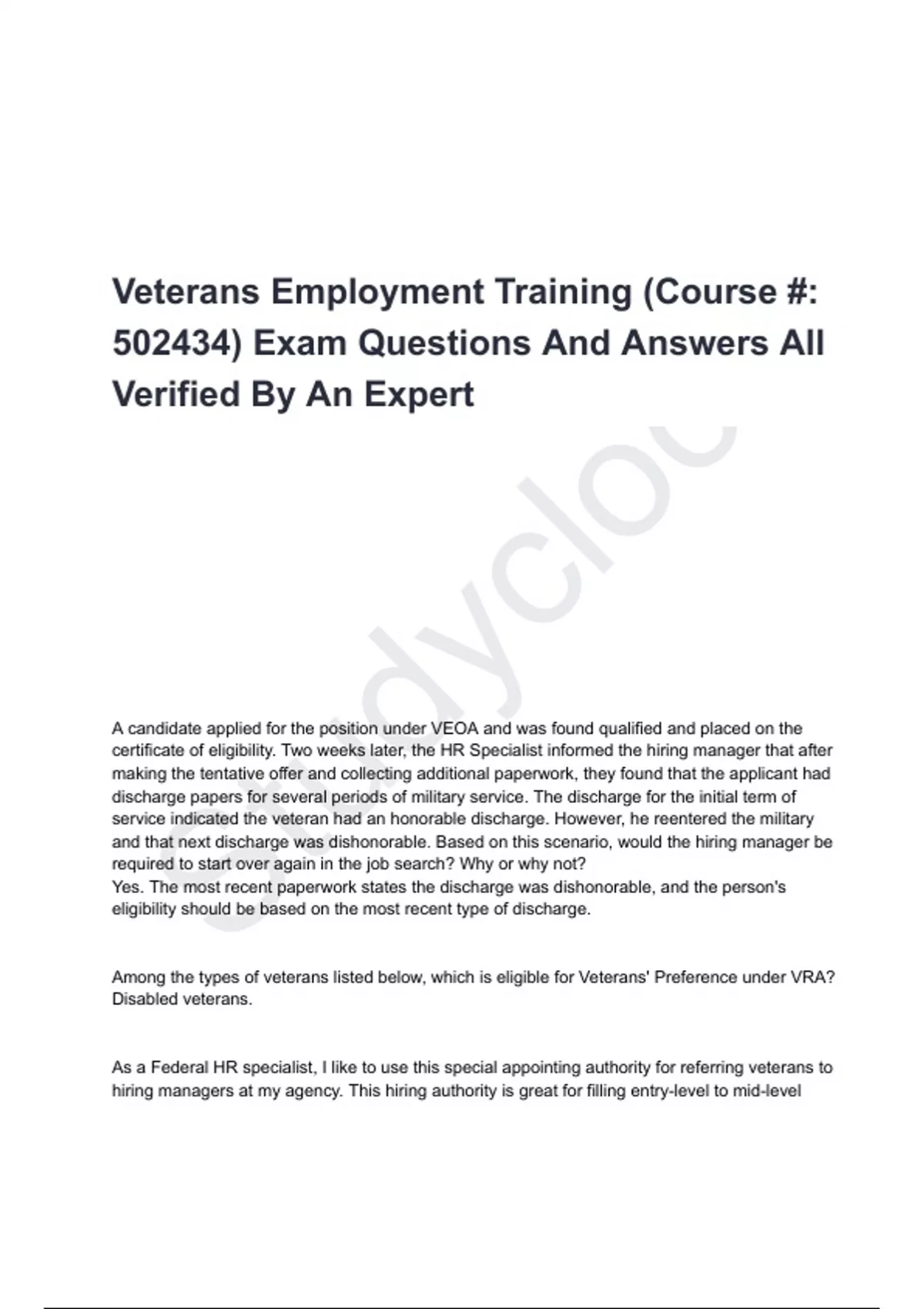 Veterans Employment Training (Course #: 502434) Exam Questions And ...