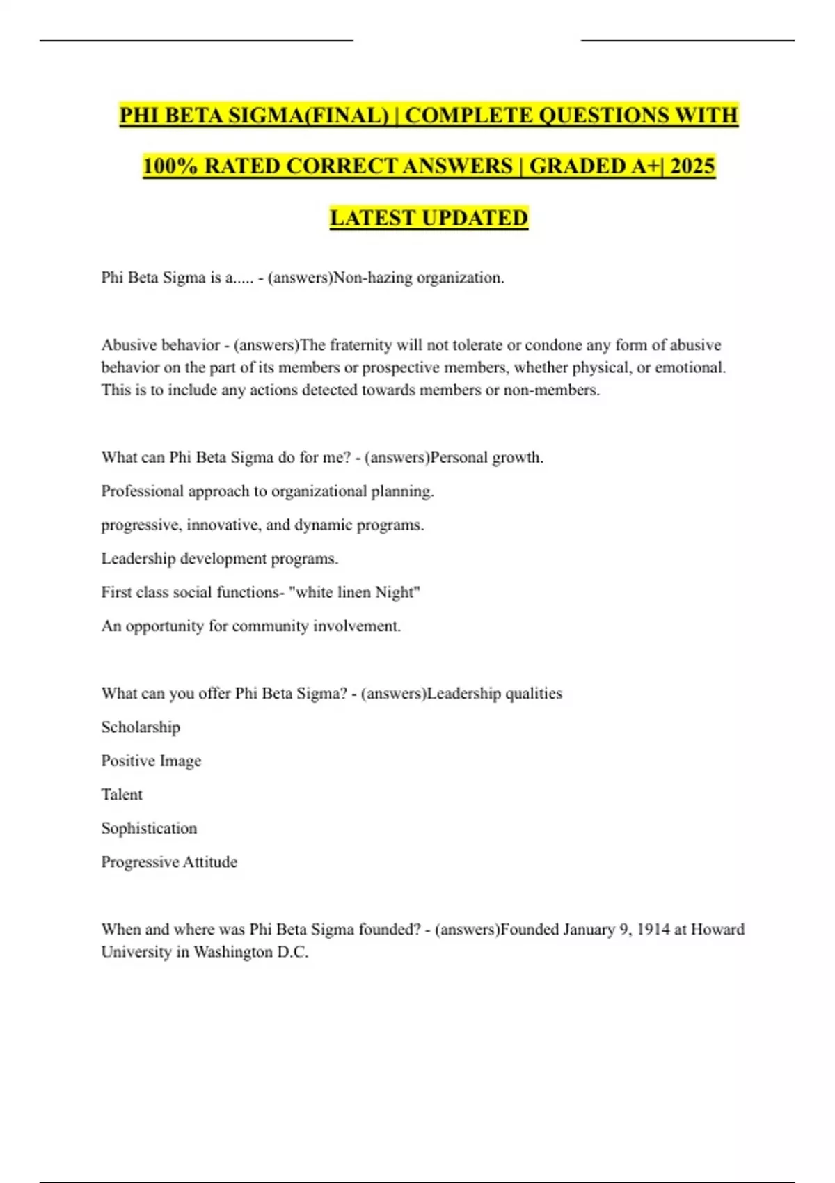 PHI BETA SIGMA(FINAL) | COMPLETE QUESTIONS WITH 100% RATED CORRECT ANSWERS | GRADED A+| 2025 ...