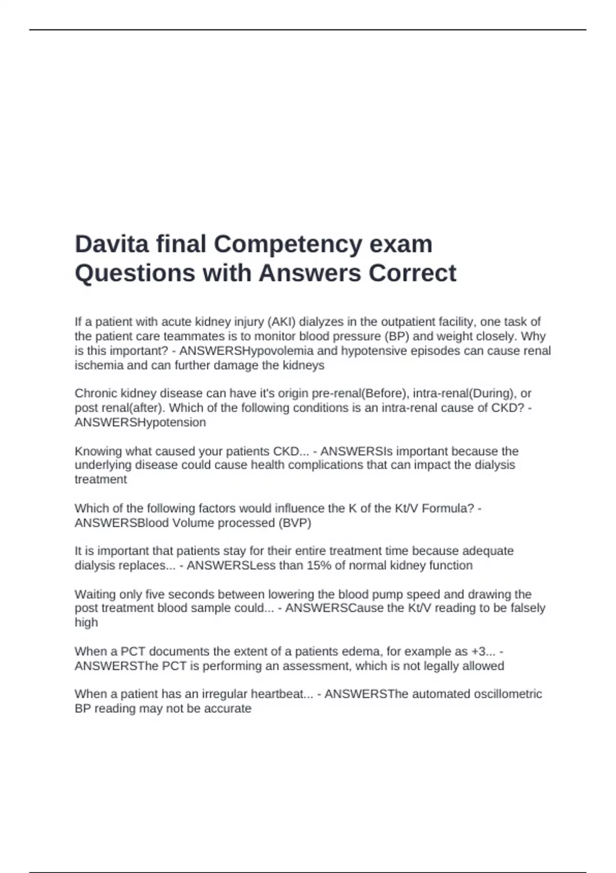 Davita final Competency exam Questions with Answers Correct - Davita Competency - Stuvia US