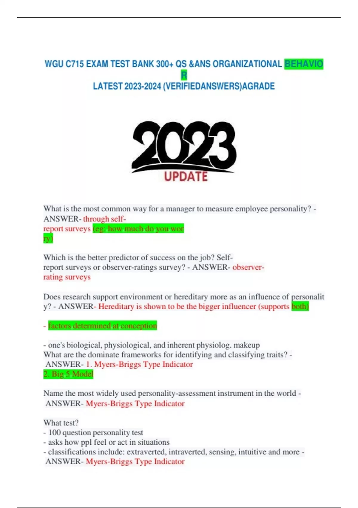 Wgu C715 Organizational Behavior 2025 Test Bank For C715 Pre-Assessment ...