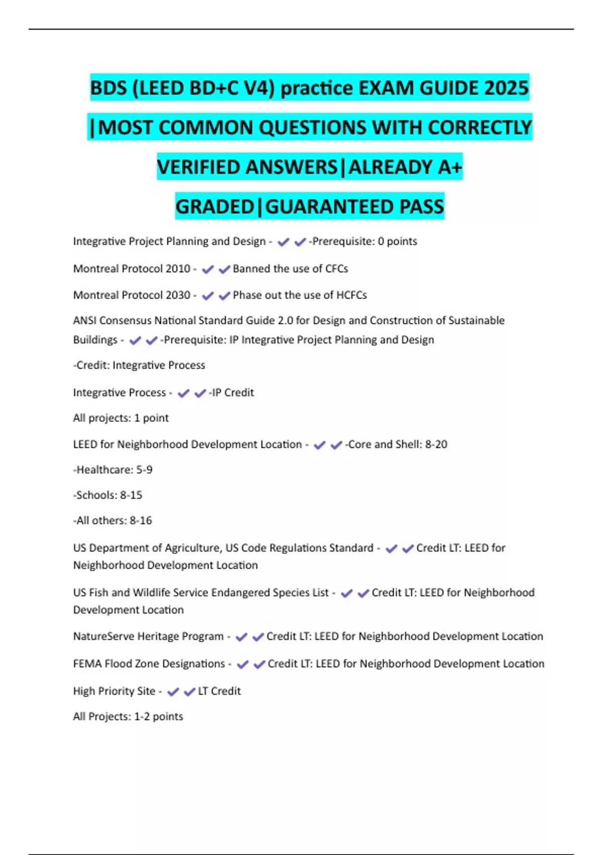 BDS (LEED BD+C V4) practice EXAM GUIDE 2025 |MOST COMMON QUESTIONS WITH CORRECTLY VERIFIED ...