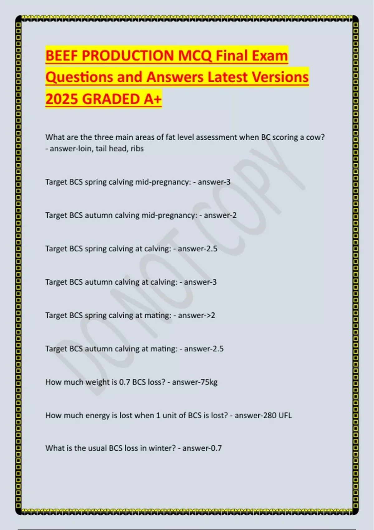 BEEF PRODUCTION MCQ Final Exam Questions and Answers Latest Versions ...
