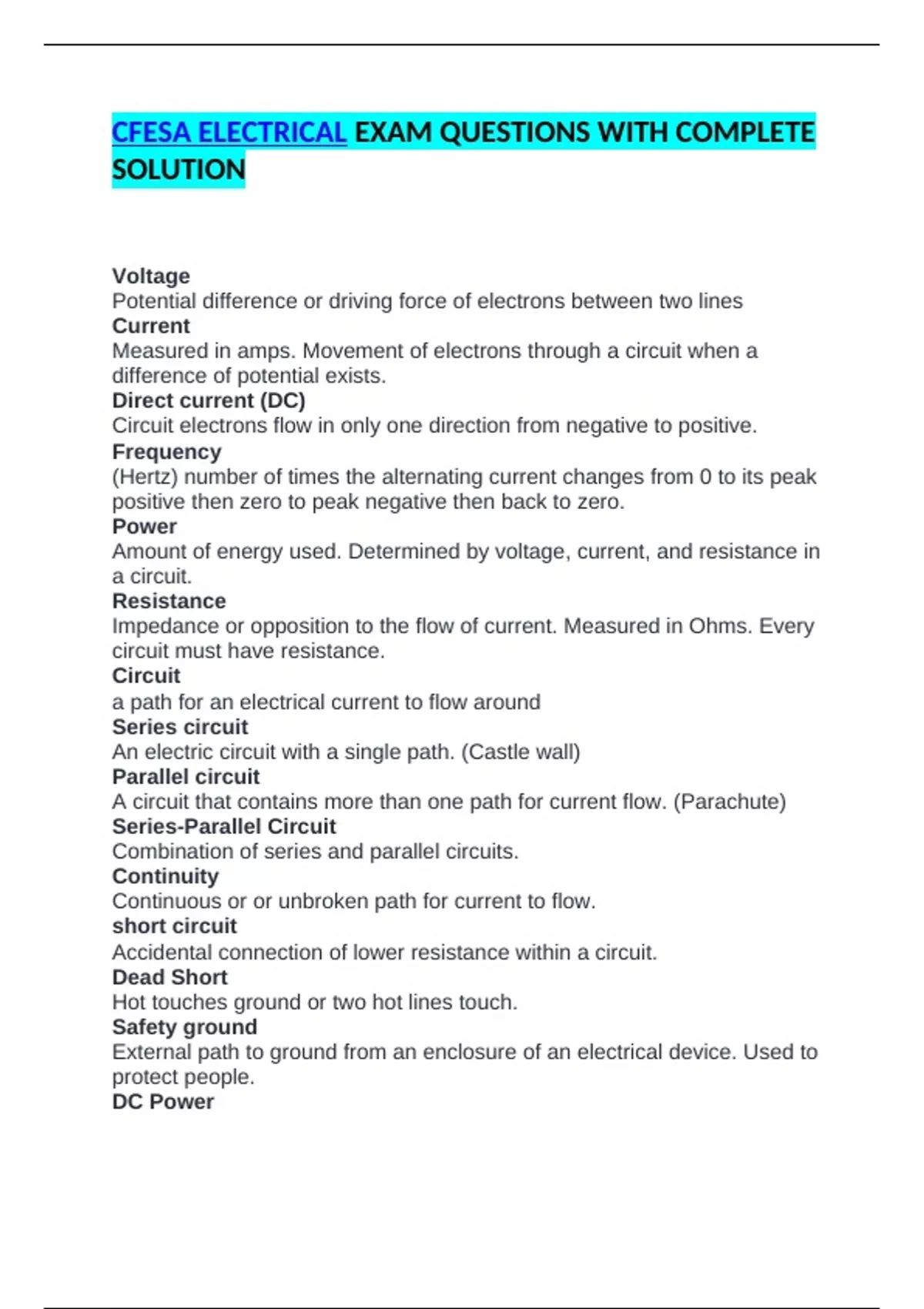 CFESA ELECTRICAL EXAM QUESTIONS WITH COMPLETE SOLUTION - CFESA ...