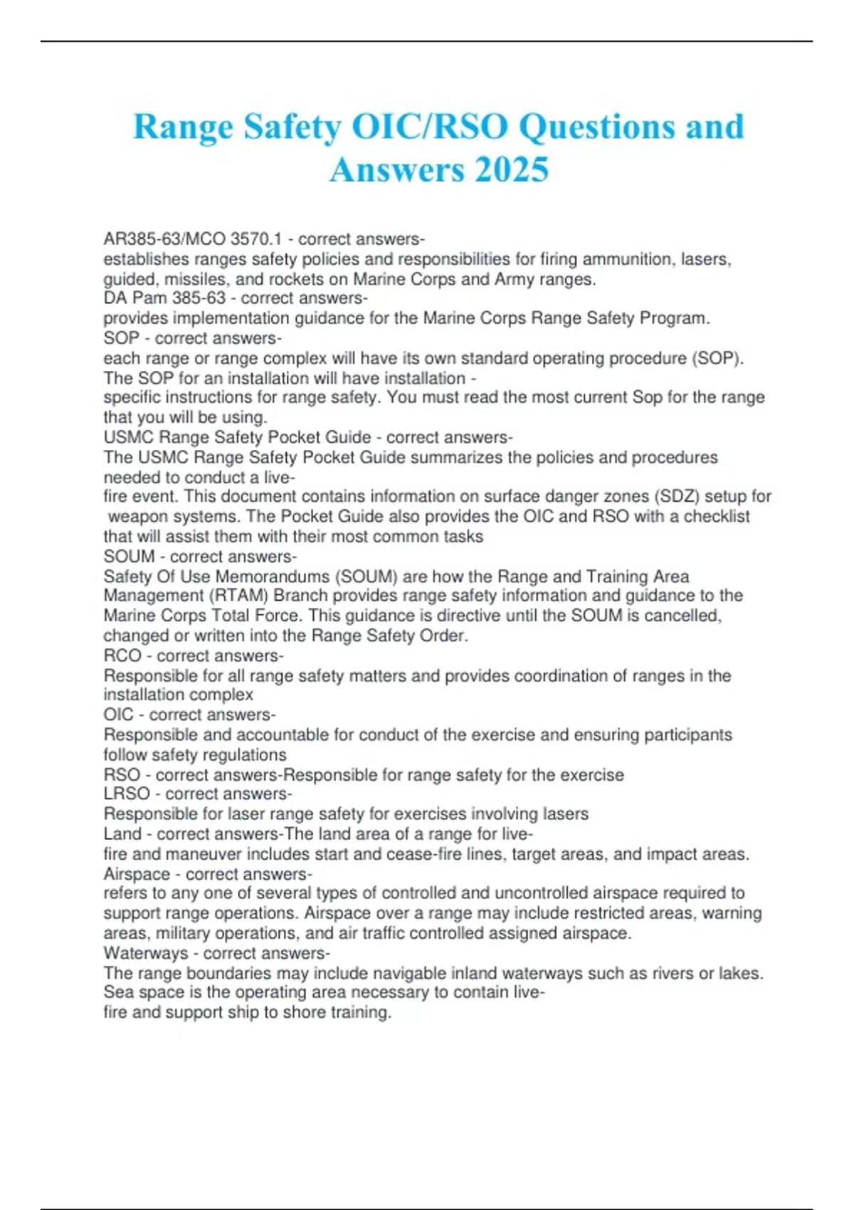 Range Safety OIC/RSO Questions and Answers 2025 - OIC/RSO - Stuvia US