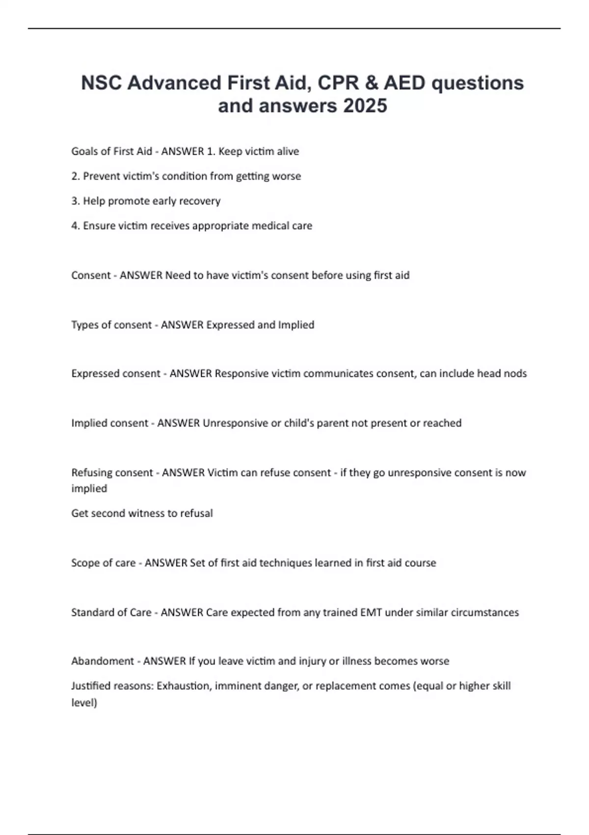NSC Advanced First Aid, CPR & AED questions and answers 2025 - NSC ...