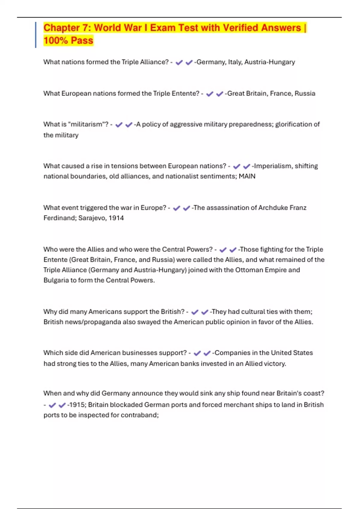 Chapter 7: World War I Exam Test with Verified Answers | 100% Pass ...