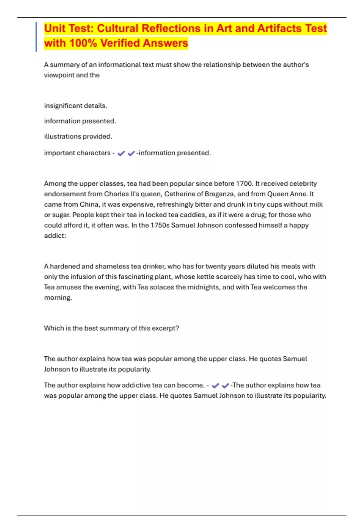 Unit Test: Cultural Reflections in Art and Artifacts Test with 100% ...