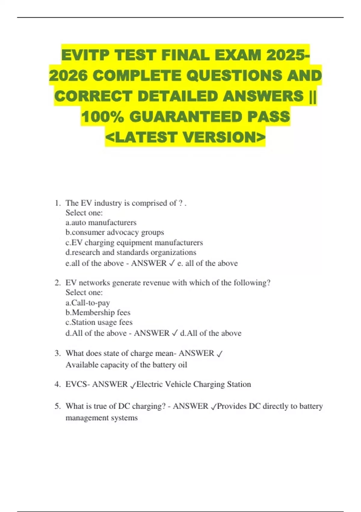 EVITP TEST FINAL EXAM COMPLETE QUESTIONS AND CORRECT DETAILED ANSWERS ...