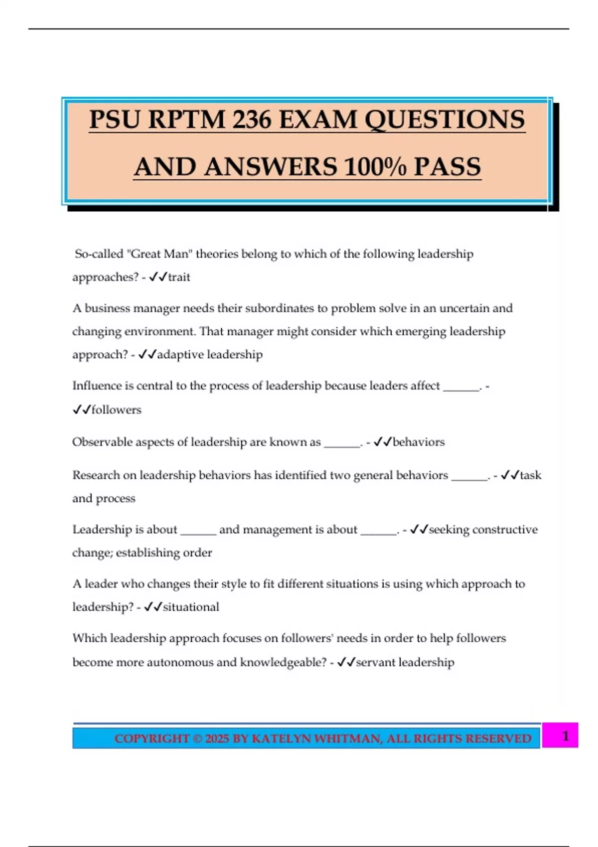PSU RPTM 236 EXAM QUESTIONS AND ANSWERS 100% PASS - RPTM 236 - Stuvia US