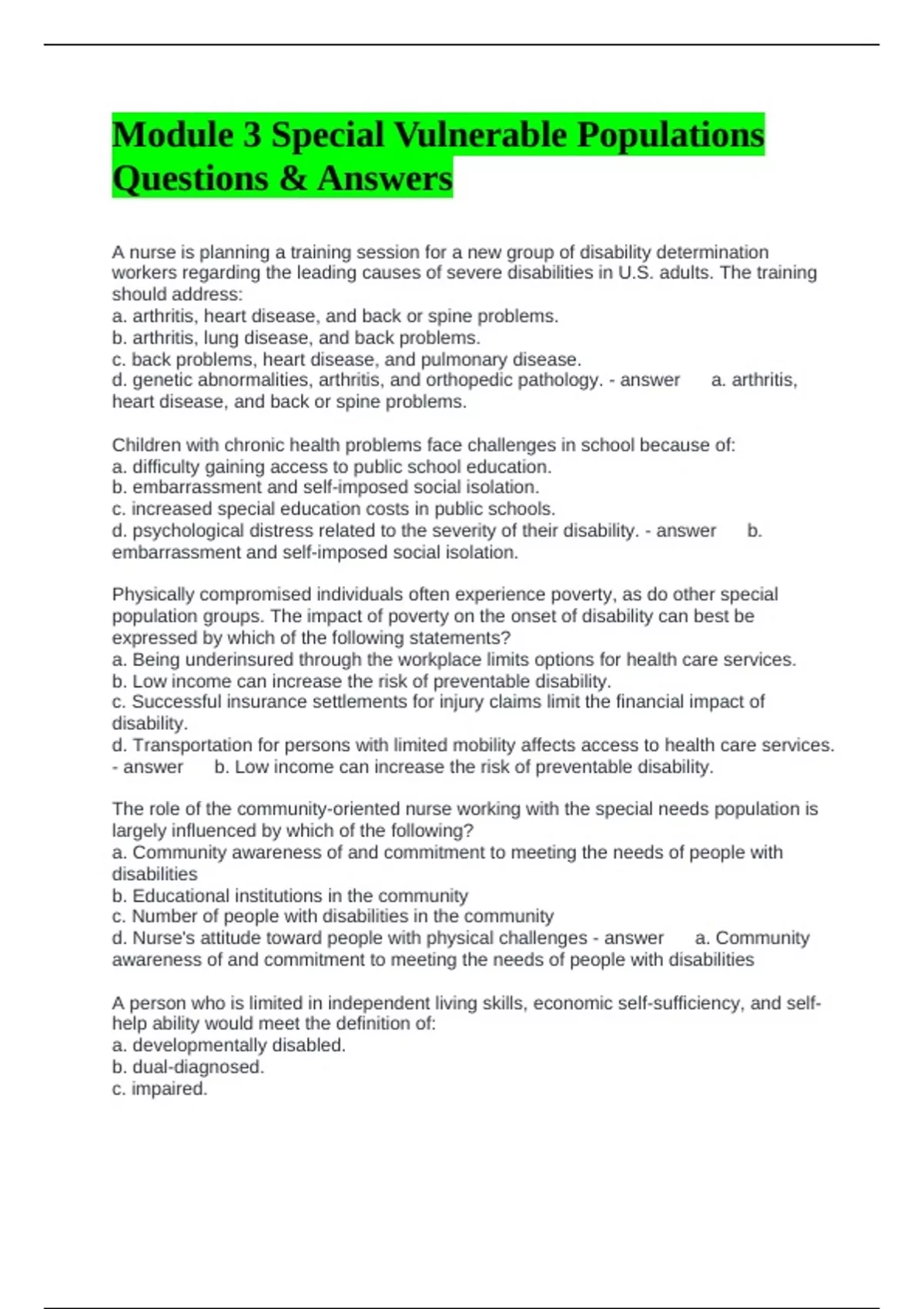 Module 3 Special Vulnerable Populations Questions & Answers - NURS 4465 ...
