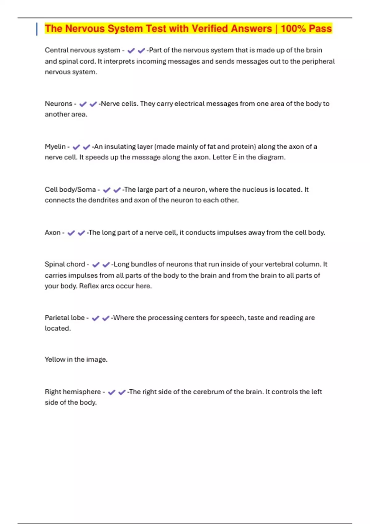 The Nervous System Test with Verified Answers | 100% Pass - The Nervous ...