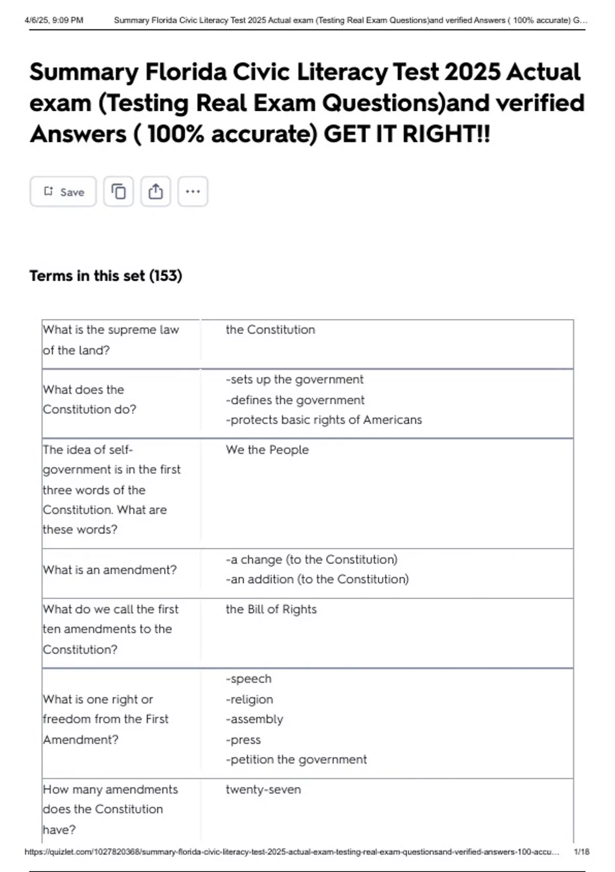 Summary Florida Civic Literacy Test 2025 Actual exam (Testing Real Exam ...