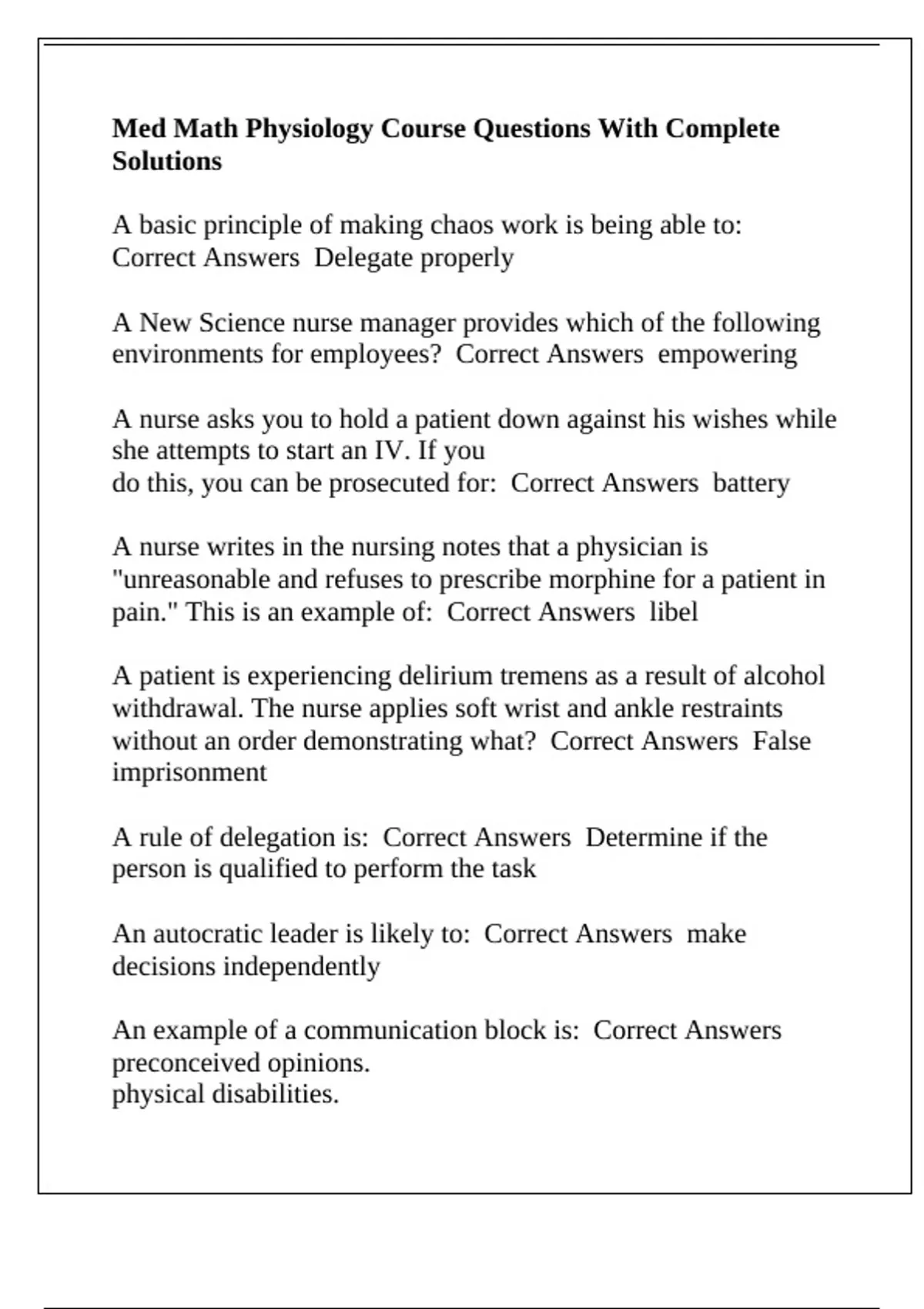 Med Math Physiology Course Questions With Complete Solutions - Med Math ...