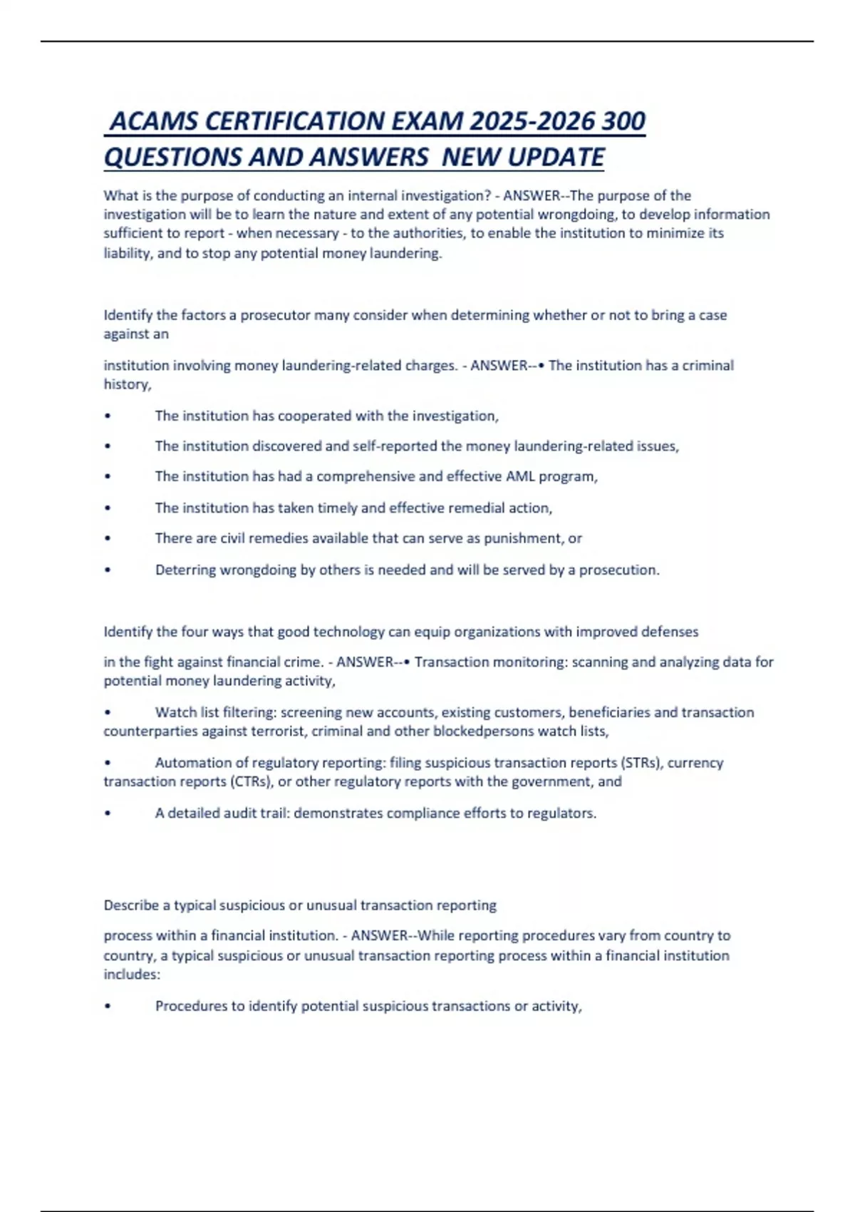 ACAMS CERTIFICATION EXAM QUESTIONS AND ANSWERS NEW UPDATE - ACAMS ...