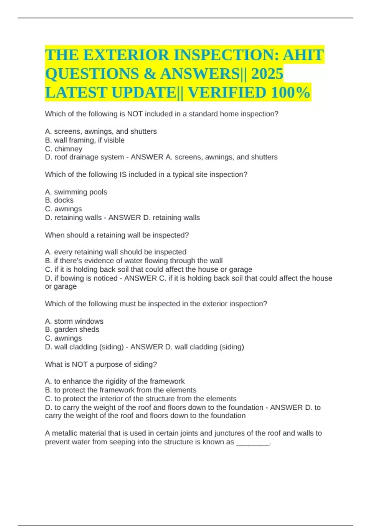 THE EXTERIOR INSPECTION: AHIT QUESTIONS & ANSWERS|| 2025 LATEST UPDATE ...