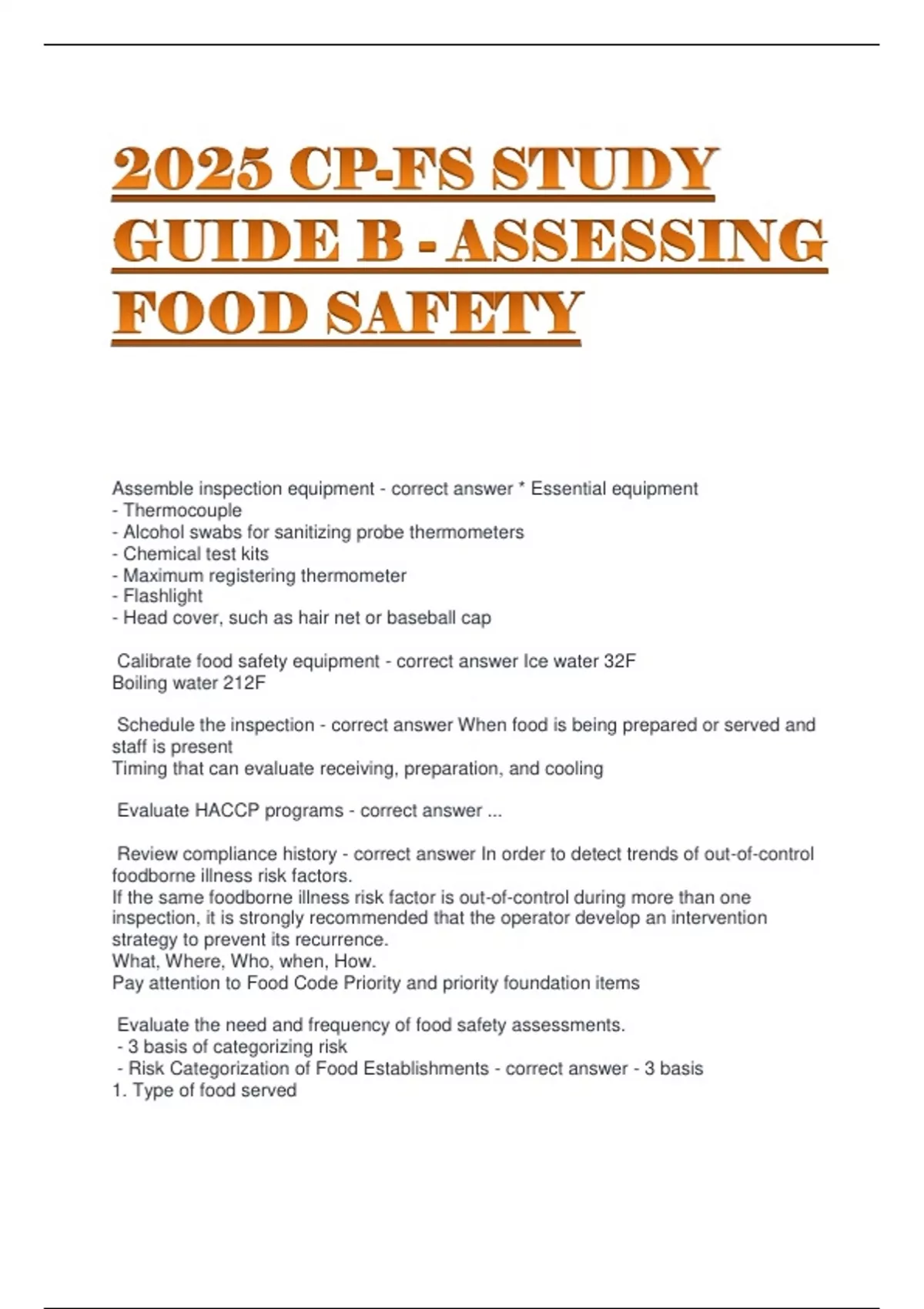 2025 CP-FS STUDY GUIDE B - ASSESSING FOOD SAFETY - CP-FS - Stuvia US