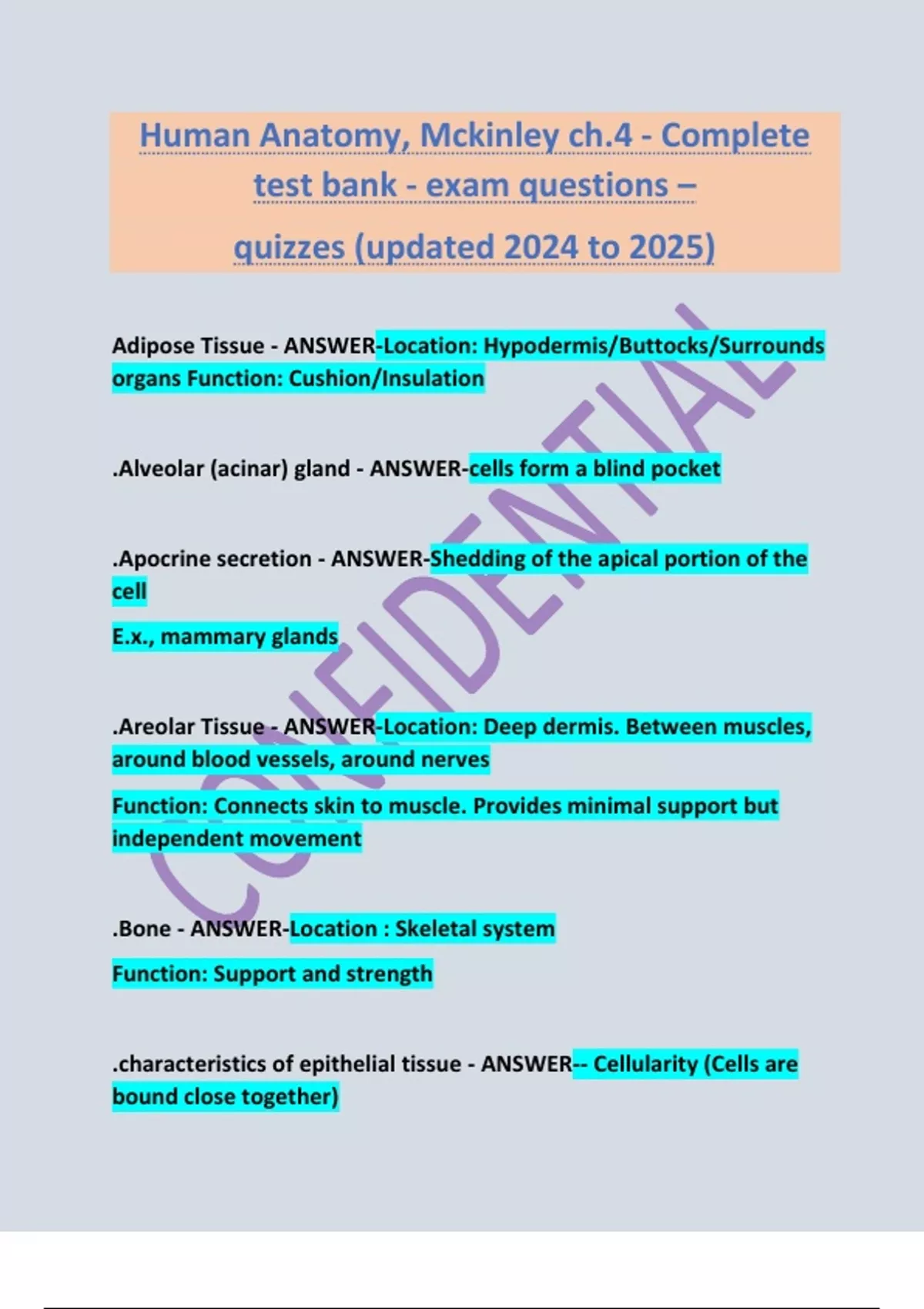 Human Anatomy, Mckinley ch.4 - Complete test bank - exam questions ...