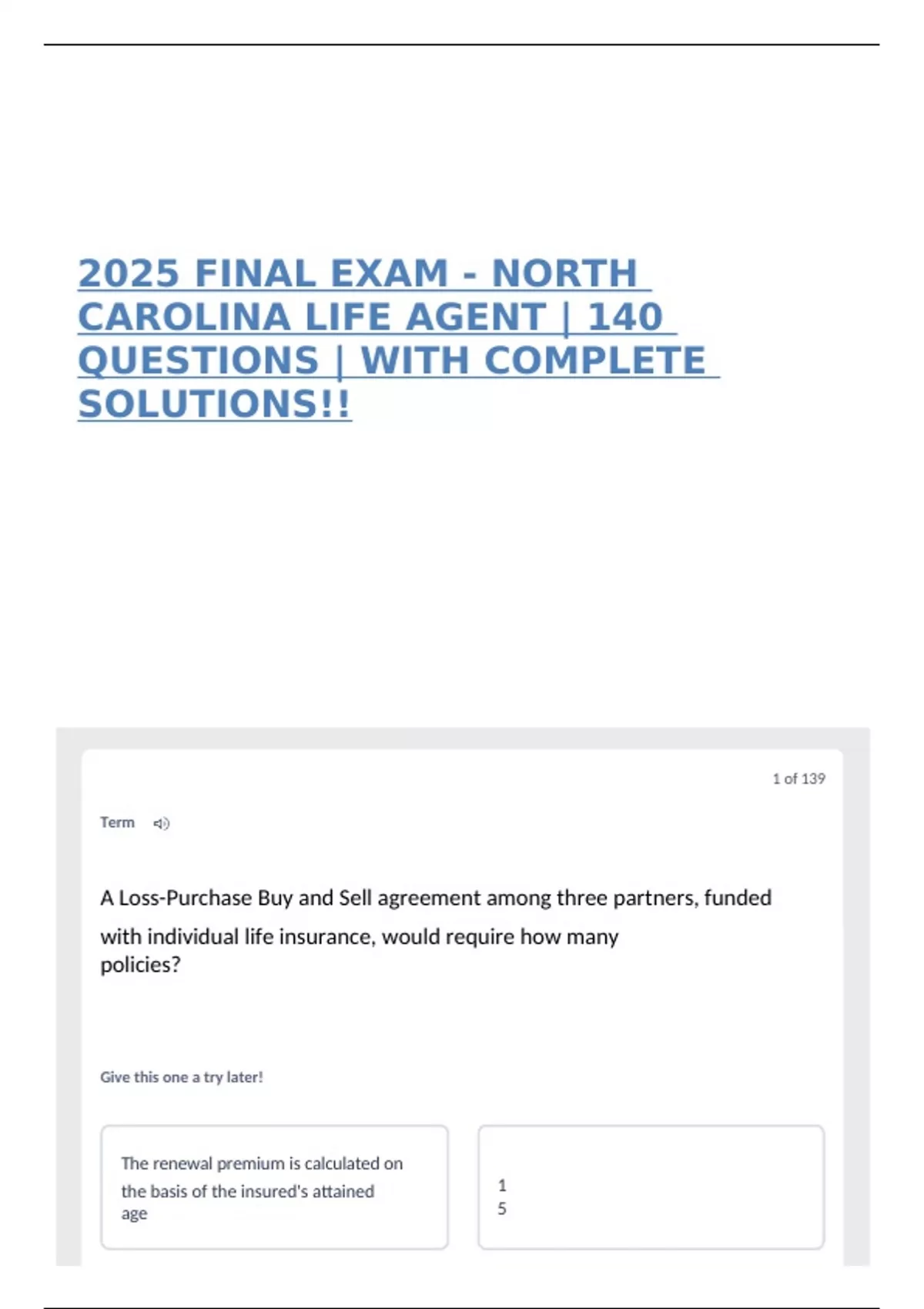 2025 FINAL EXAM - NORTH CAROLINA LIFE AGENT | 140 QUESTIONS | WITH ...