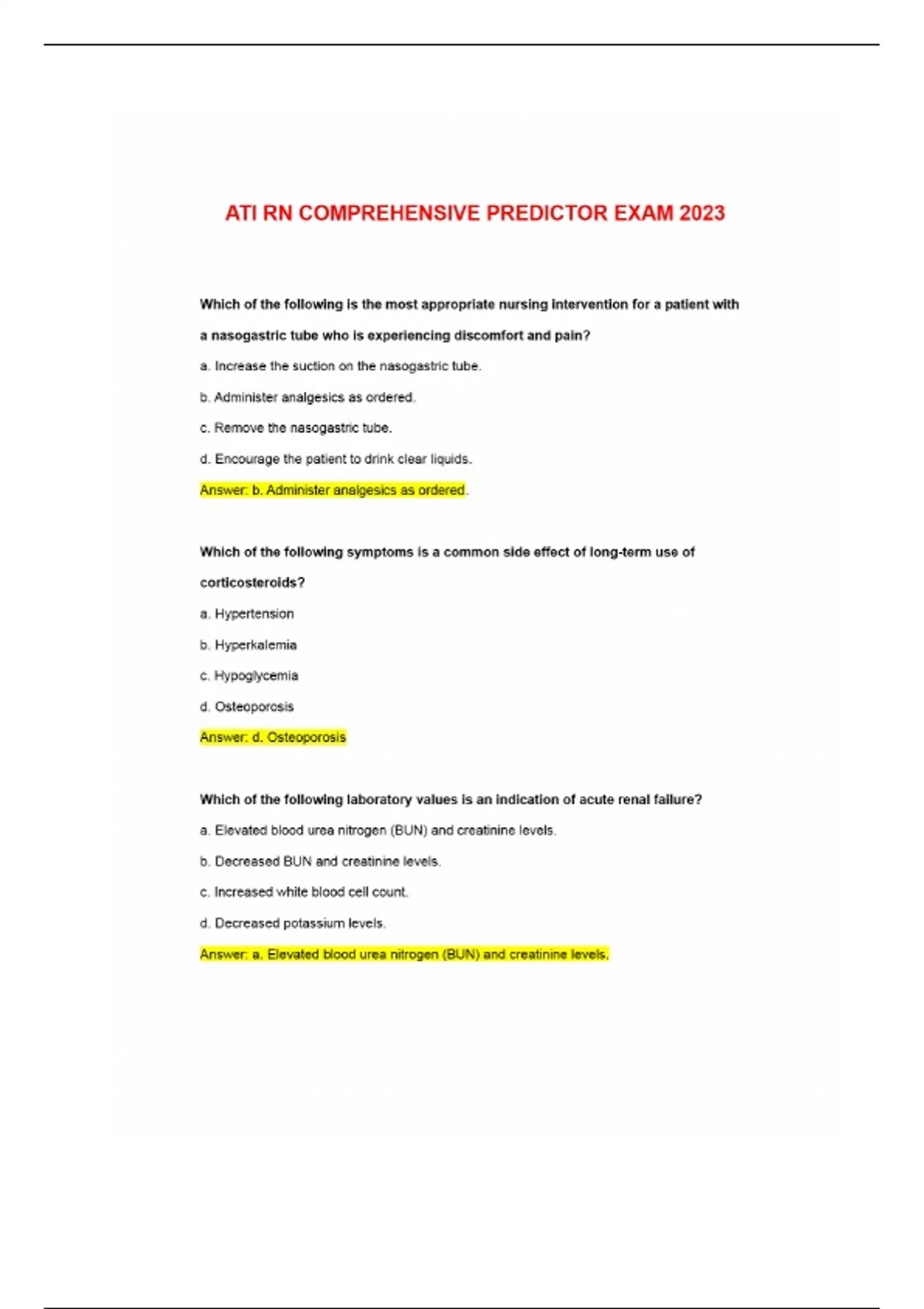 ATI RN Comprehensive Predictor Exit Exam 2023 - ATI RN Comprehensive ...