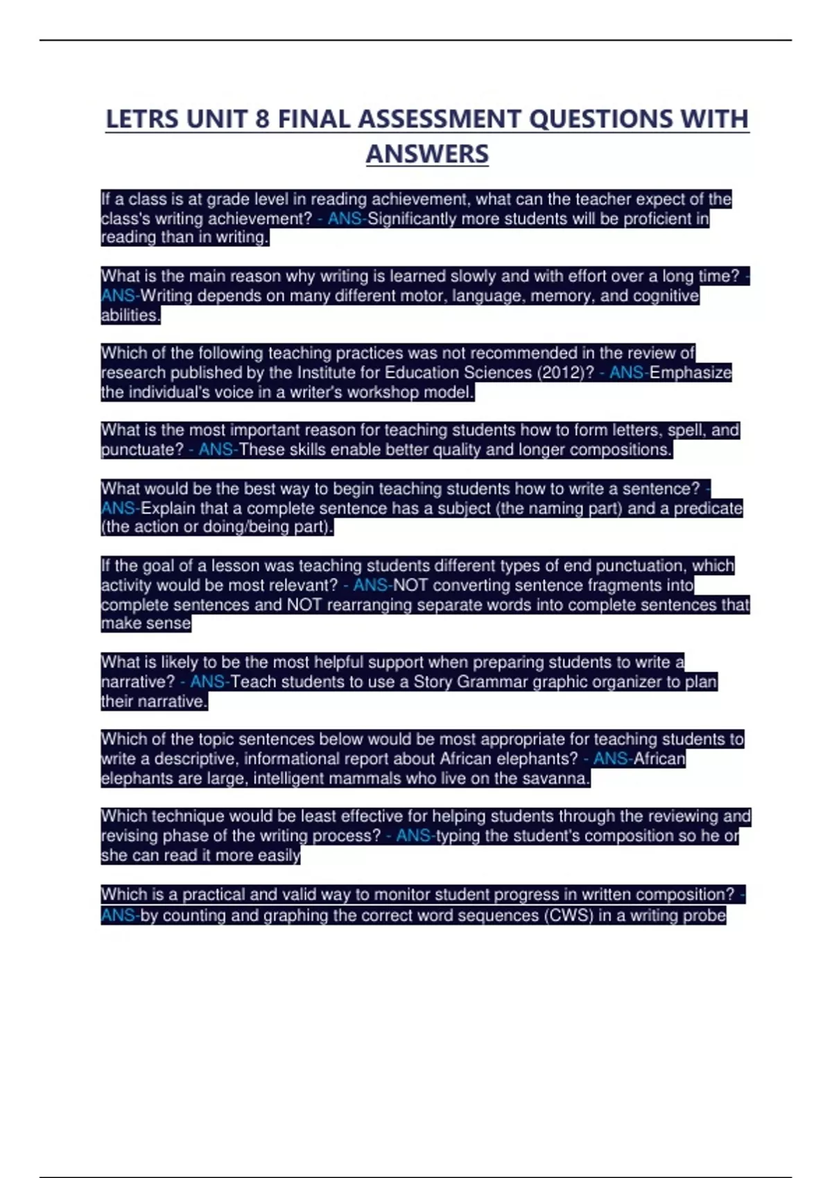 LETRS UNIT 8 FINAL ASSESSMENT QUESTIONS WITH ANSWERS - LTRS - Stuvia US