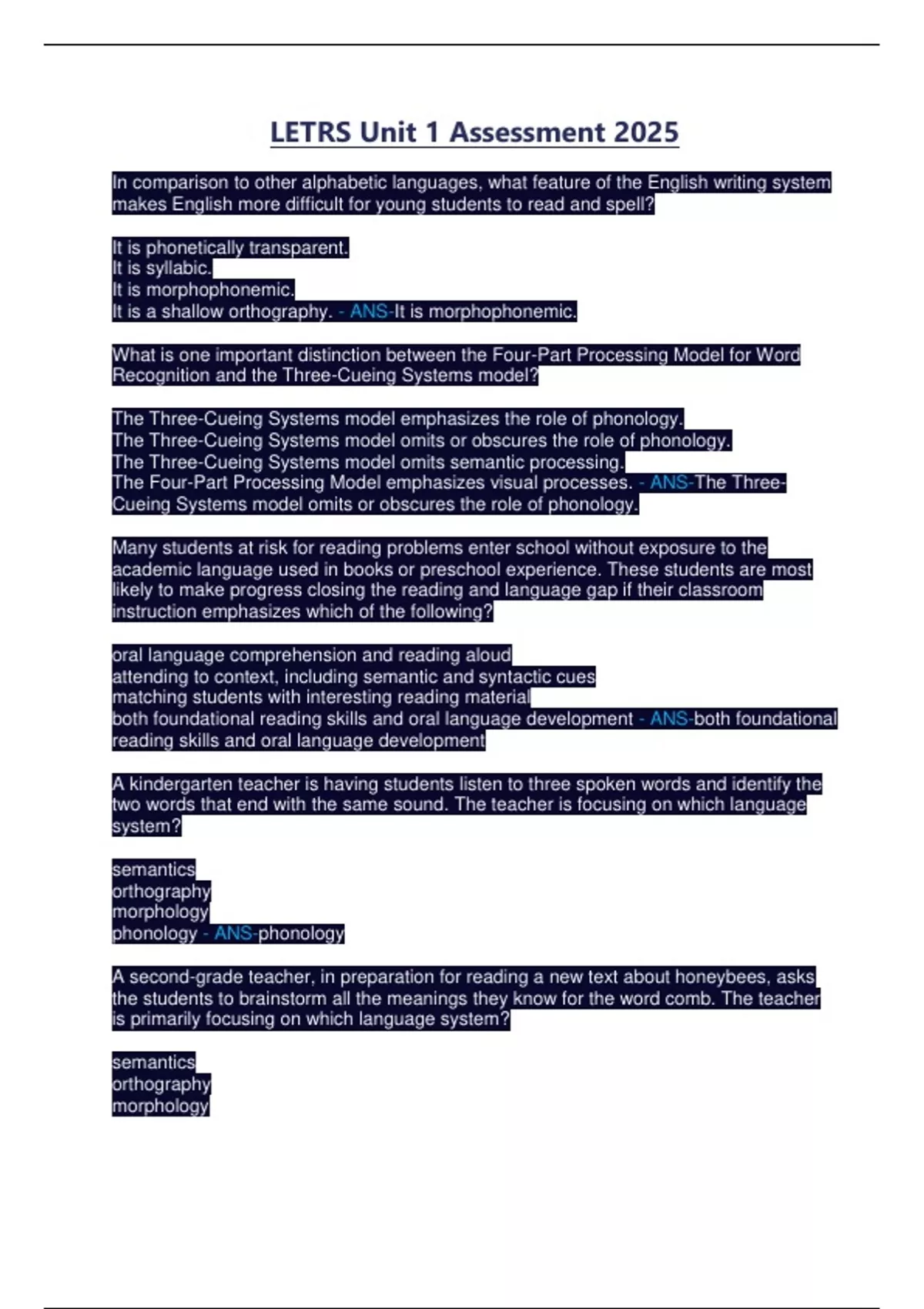 LETRS Unit 1 Assessment 2025 - LTRS - Stuvia US